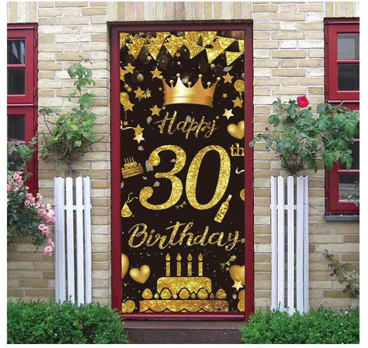 Large Gold Happy 30th Birthday Backdrop Banner Photo Door Background Fabric