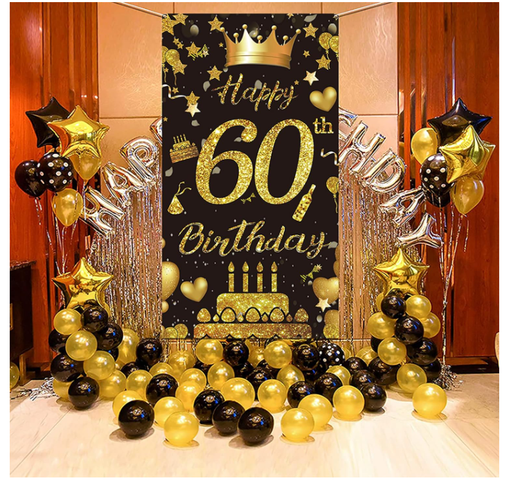 Large Gold Happy 60th Birthday Backdrop Banner Photo Door Background Fabric