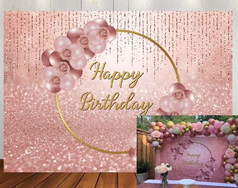 7ft x 5ft Pink & Gold Birthday Backdrop Party Decor Photography ...