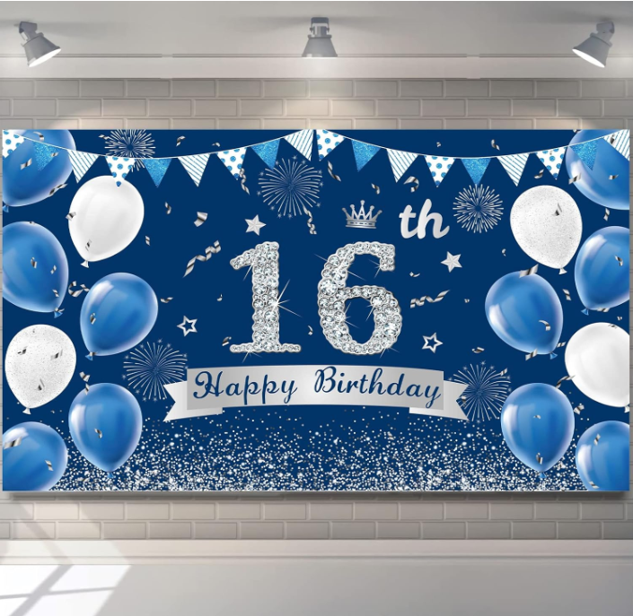 Blue 16th Birthday Backdrop Banner - Large Fabric Photo Background ...