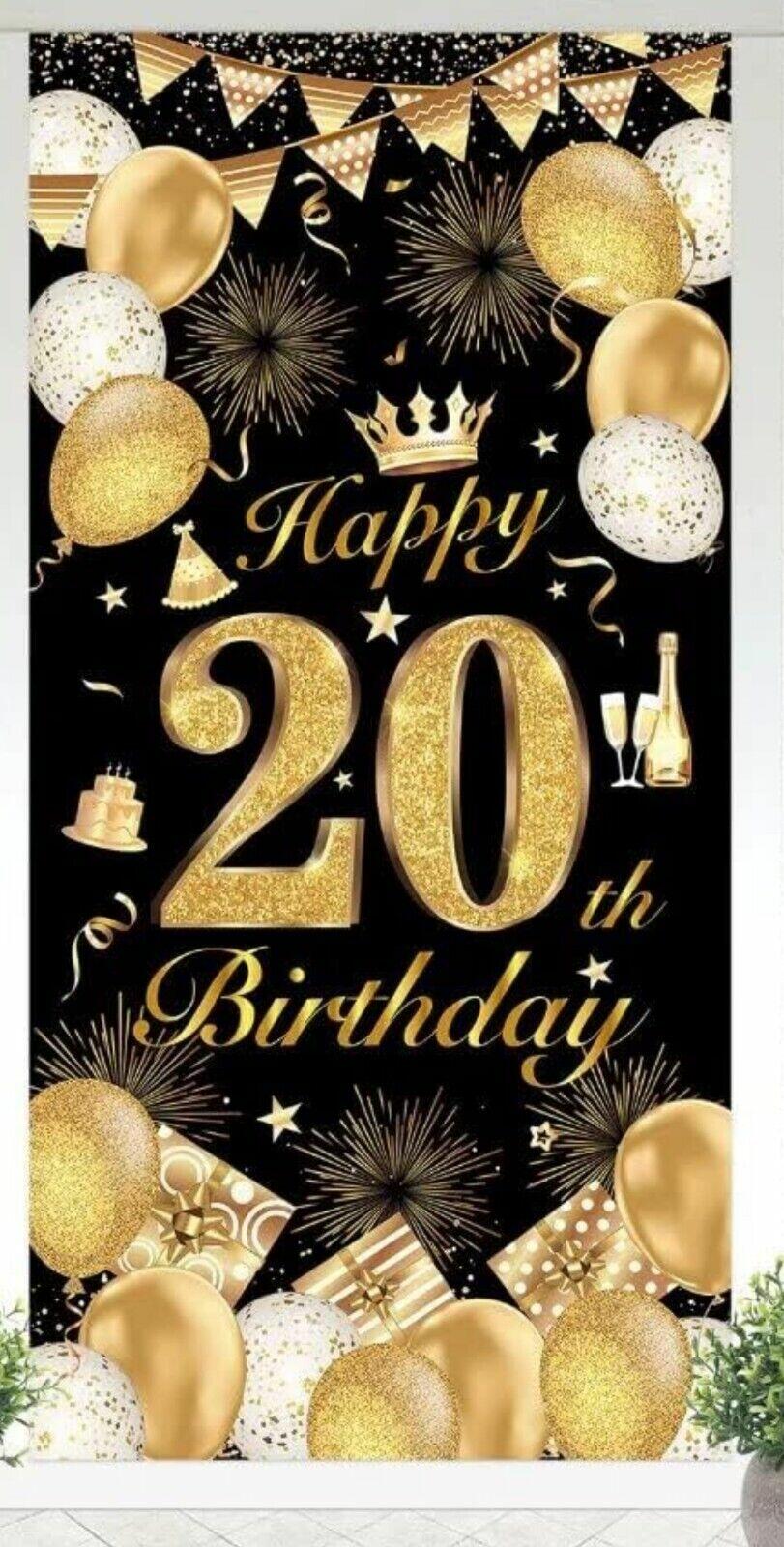 Large Gold Happy 20th Birthday Backdrop Banner Photo Door Background Fabric
