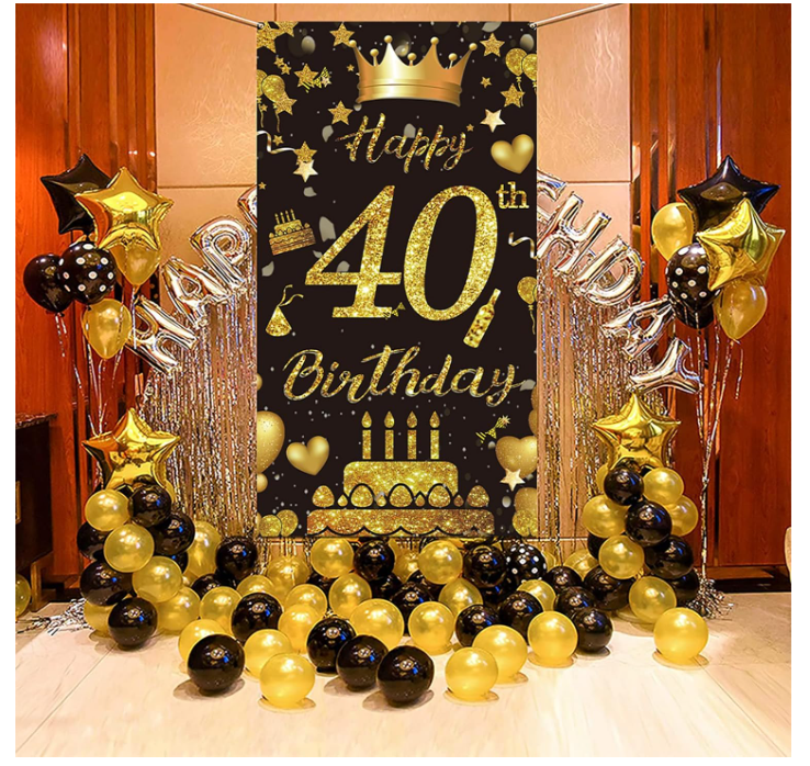 Large Gold Happy 40th Birthday Backdrop Banner Photo Door Background Fabric