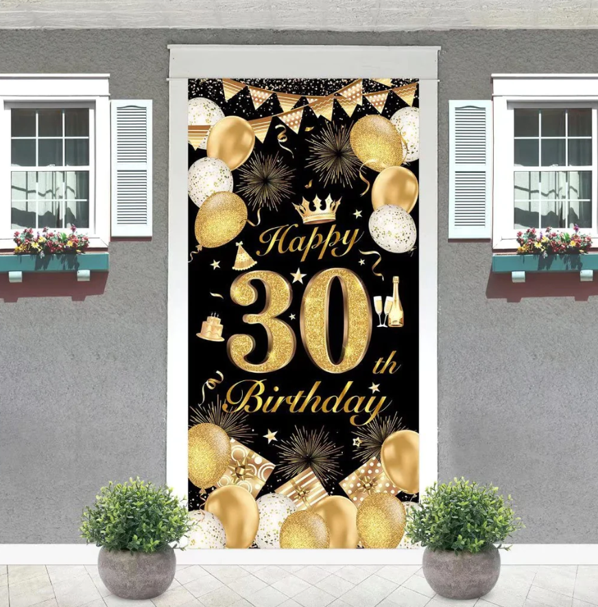 Large Gold Happy 30th Birthday Backdrop Banner Photo Door Background Fabric