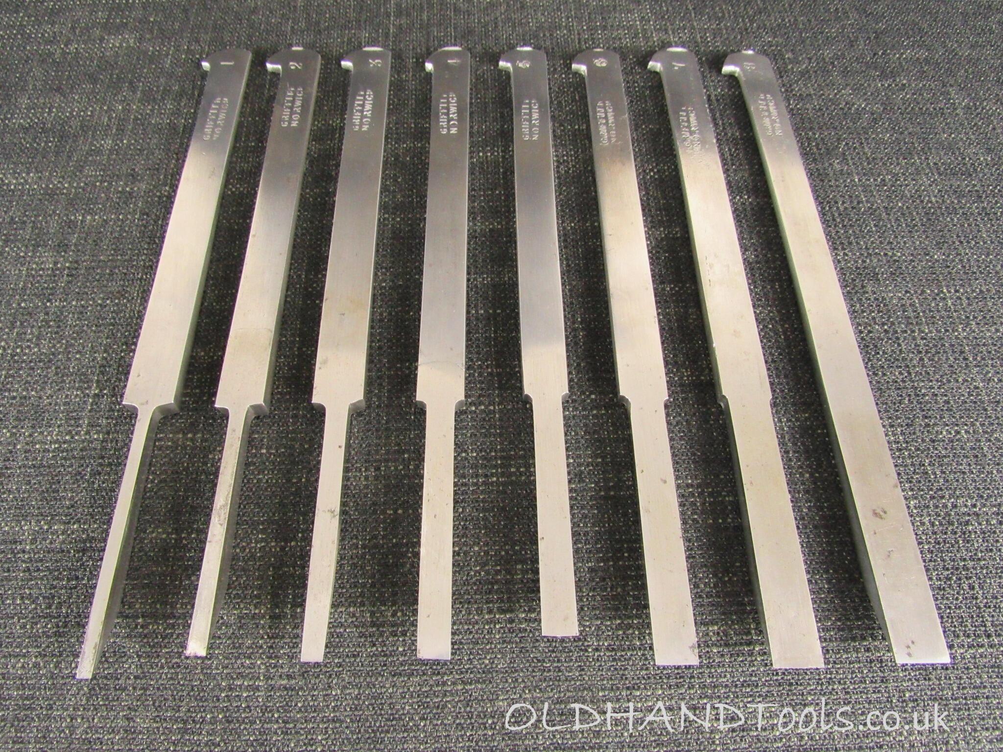 Full Set of 8 GRIFFITHS Plough Plane Irons *SOLD*