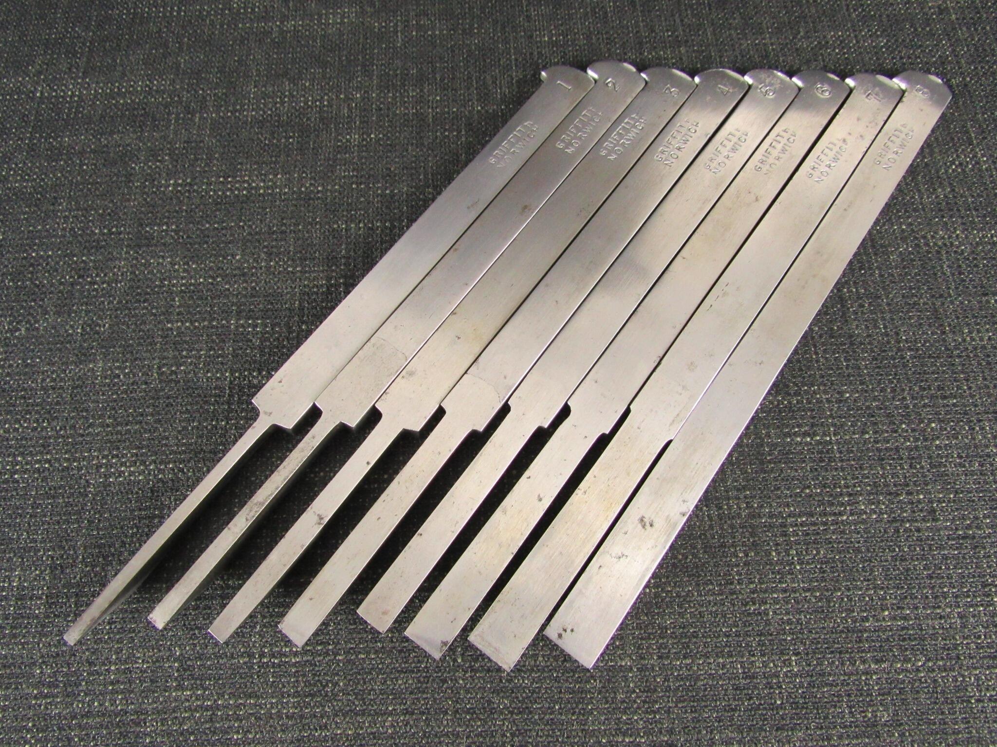 Full Set of 8 GRIFFITHS Plough Plane Irons *SOLD*