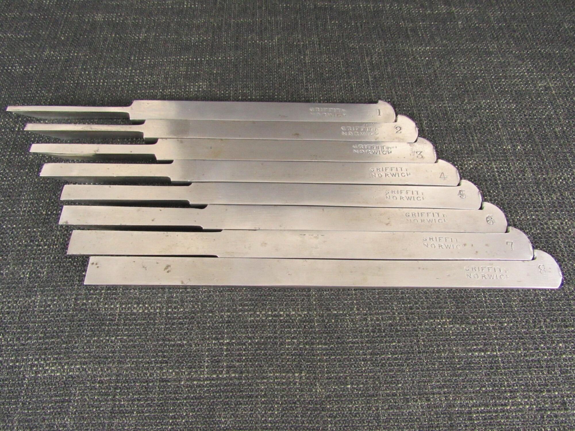 Full Set of 8 GRIFFITHS Plough Plane Irons *SOLD*