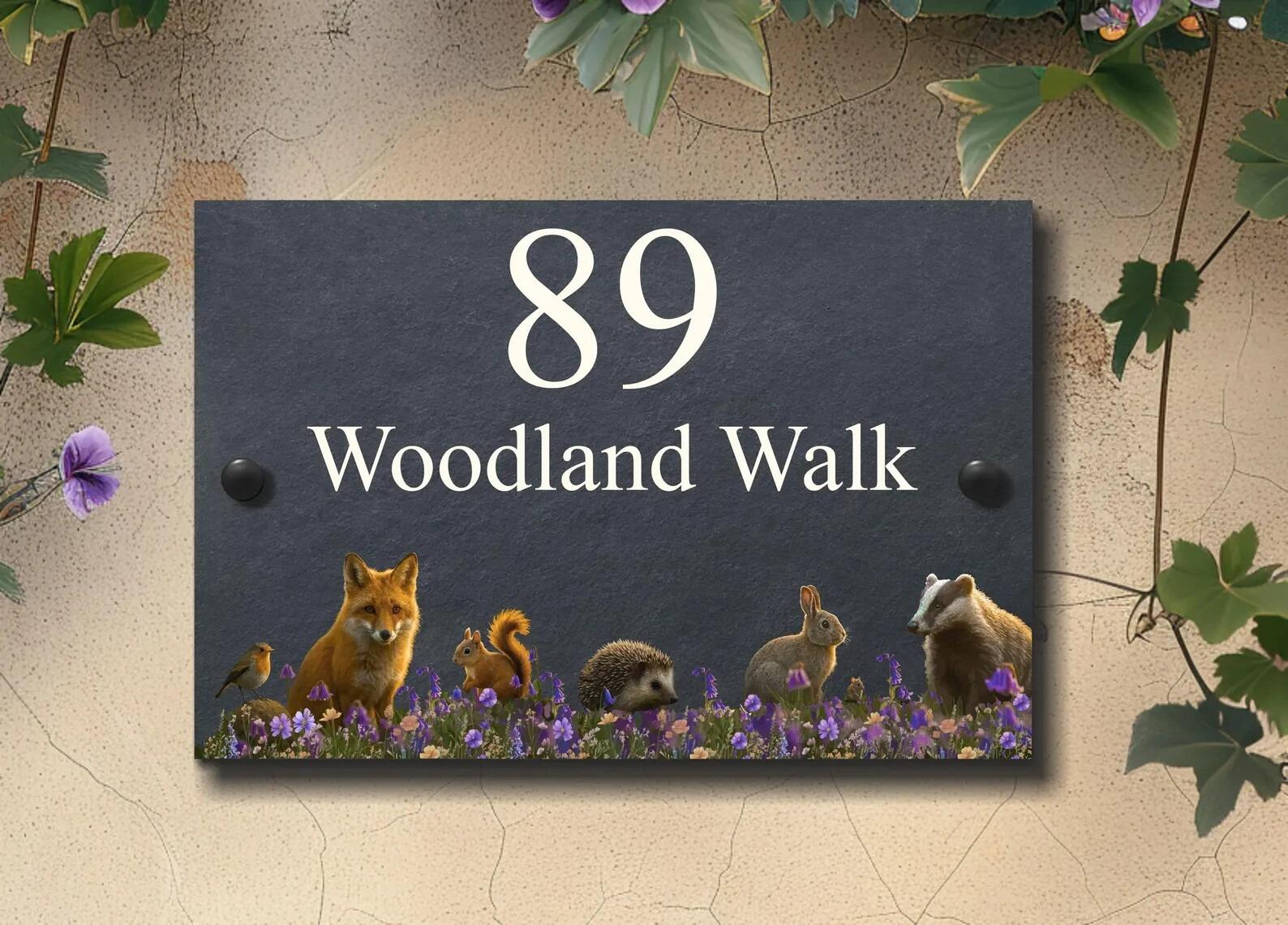 Woodland Friends and Flowers Slate House Sign