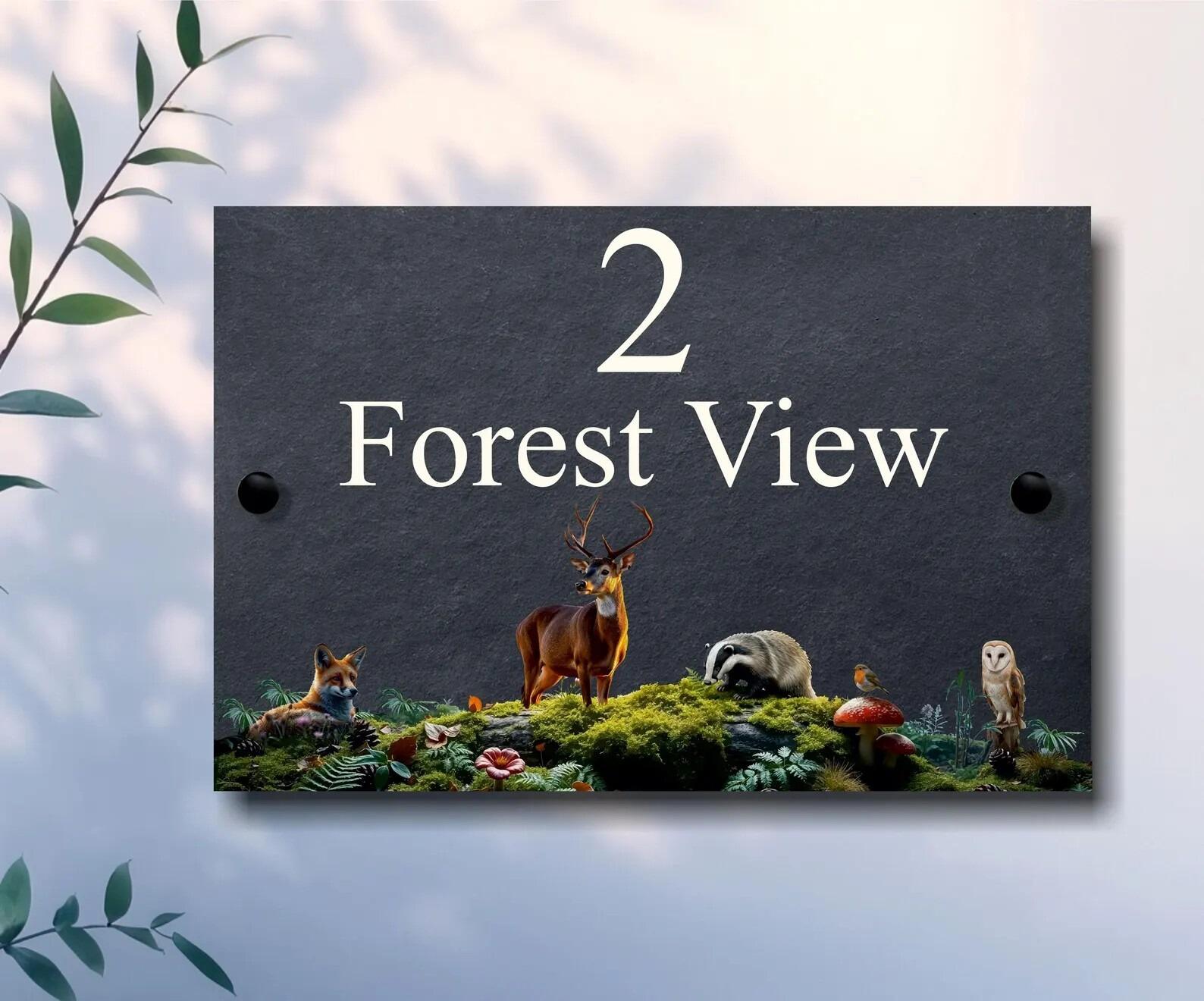 Forest Animals, Fauna and Flora Slate House Sign
