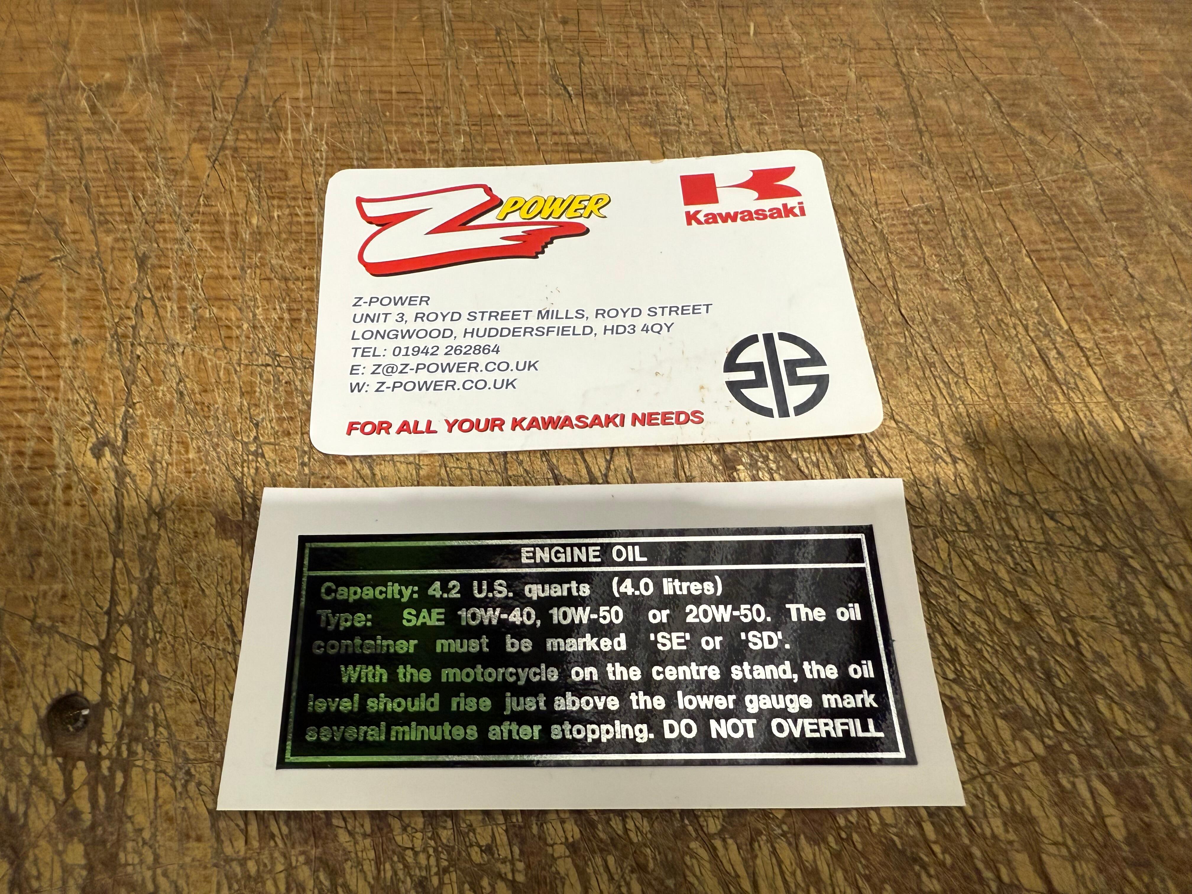 DECAL ENGINE OIL: Z1 Z1A Z1B-900 Z900A4