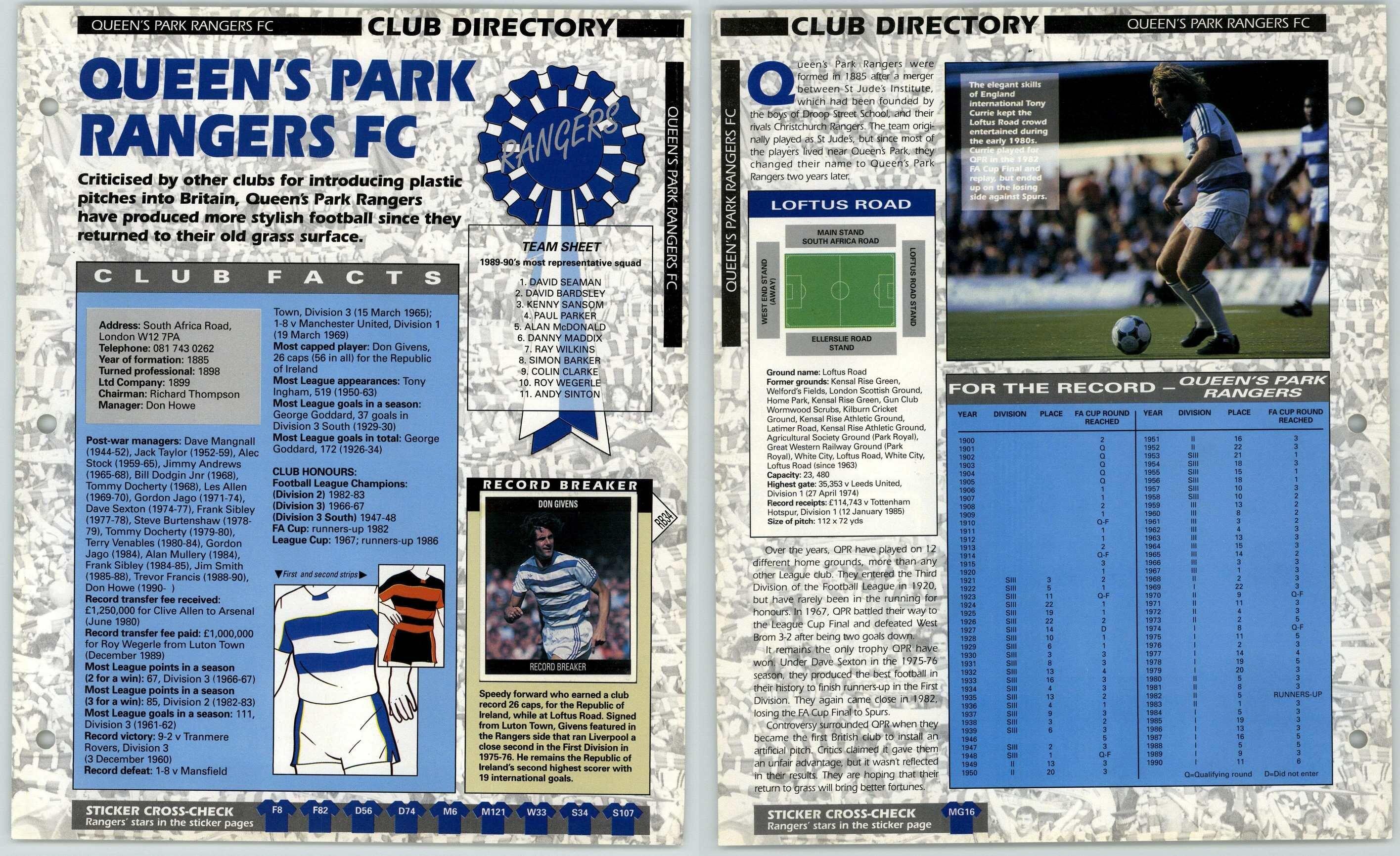 Queens Park Rangers FC - Club - Orbis Football Collection 1990-91 pagina e adesivo