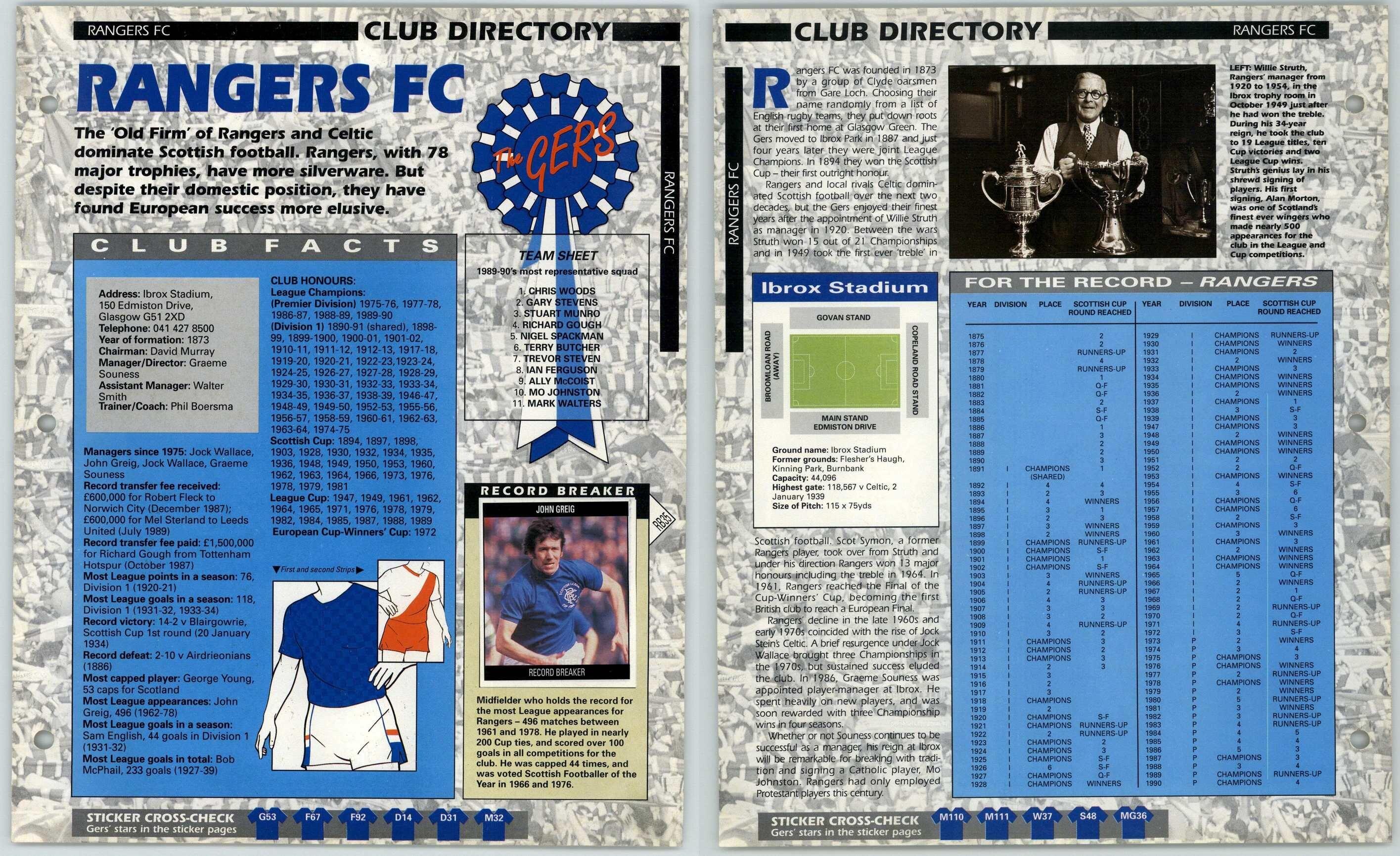 Rangers FC - Club - Orbis Football Collection 1990-91 pagina e adesivo