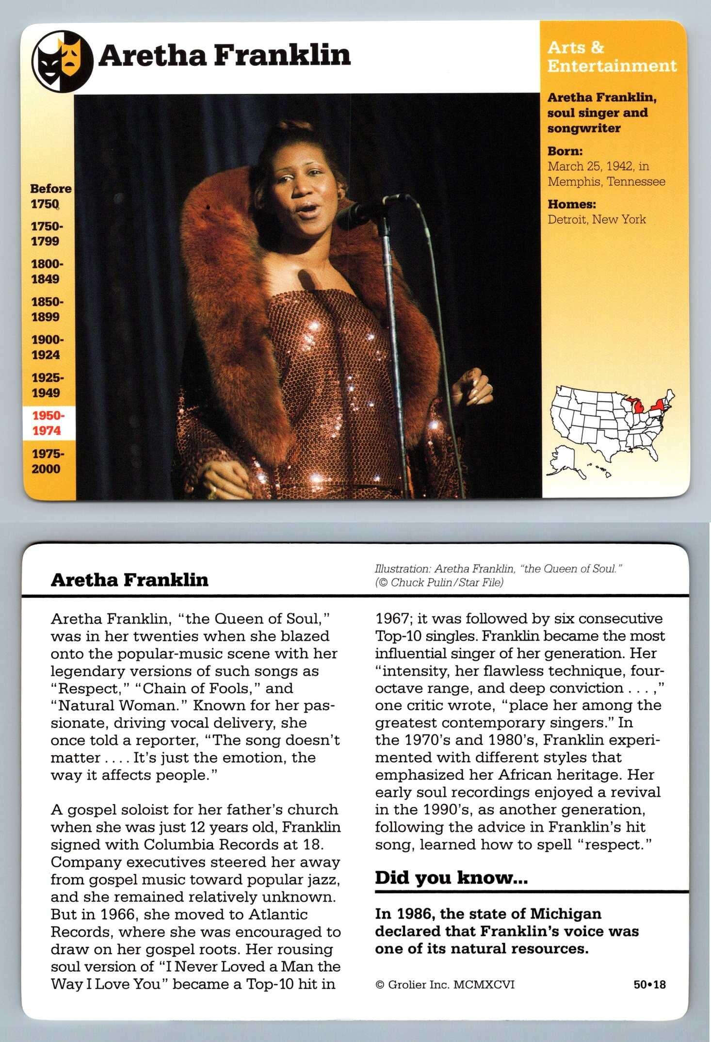 Aretha Franklin #50.18 - Arts - Story Of America Grolier Card