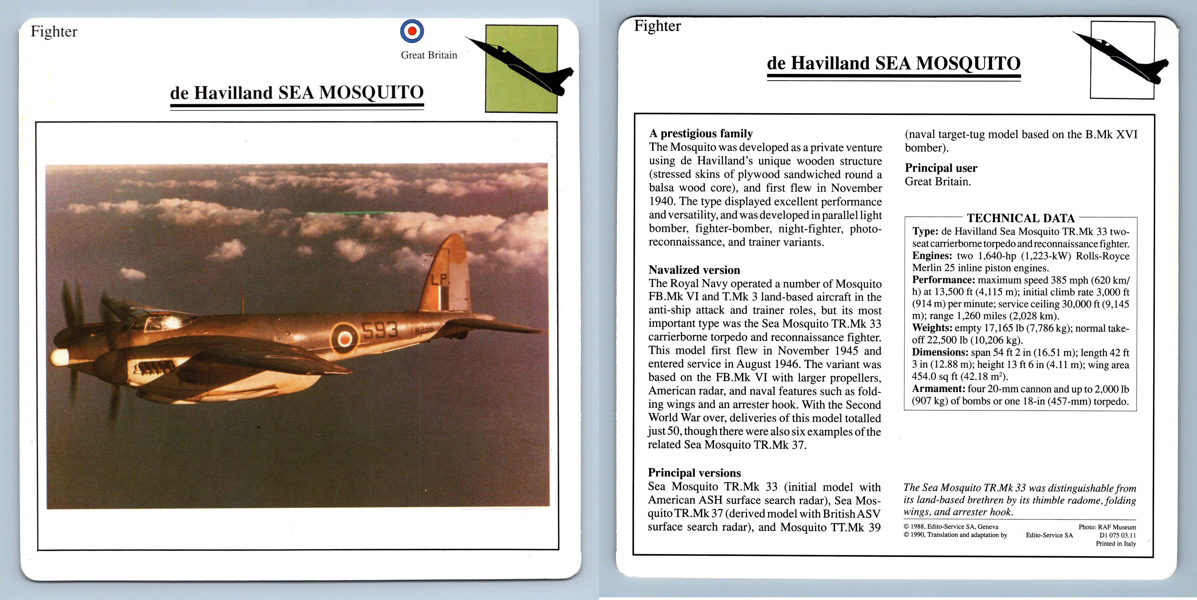 De Havilland Sea Mosquito - Fighter - Warplanes Collectors Club Card