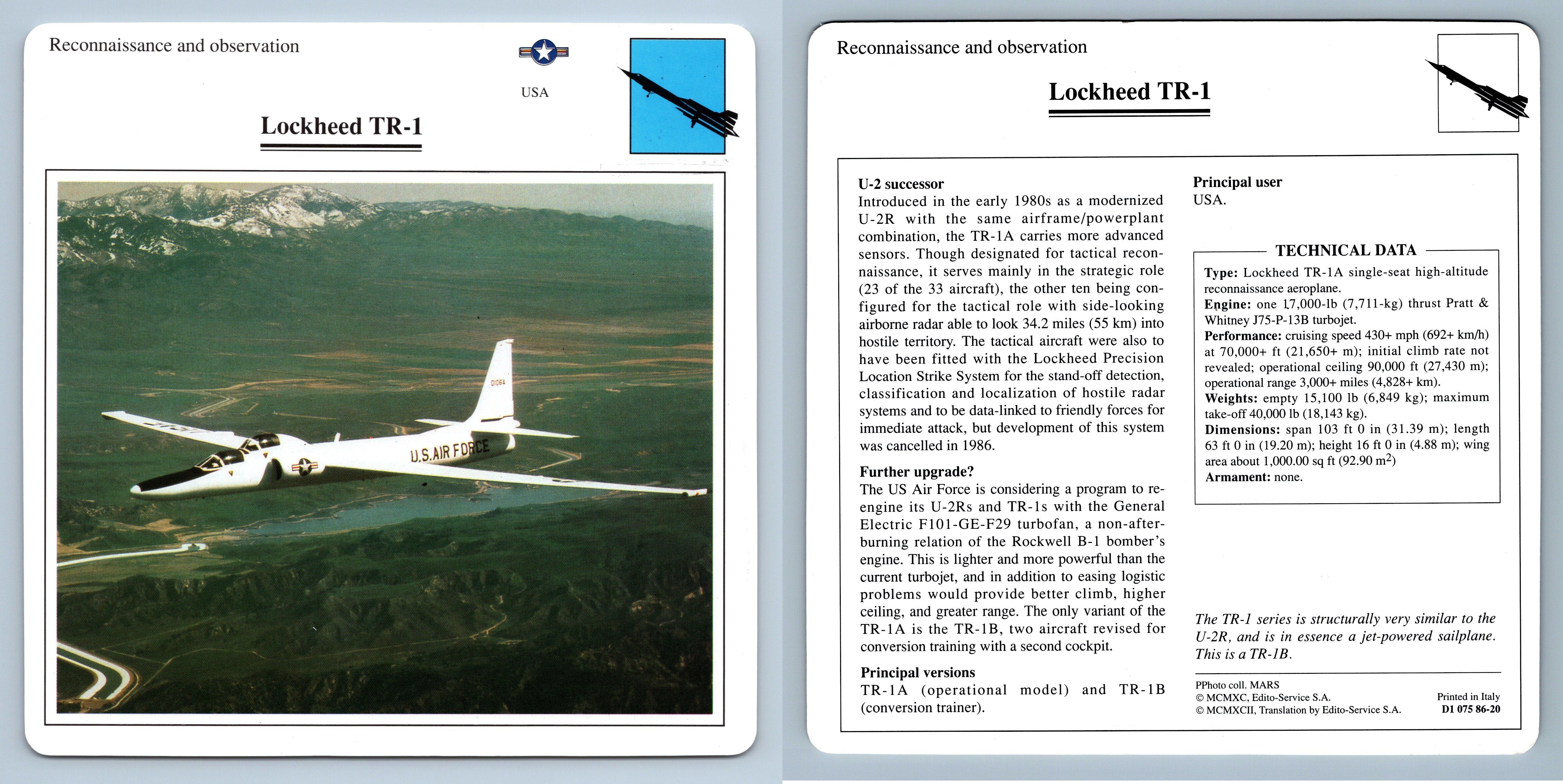Lockheed TR-1 - Recon. & Obs - Warplanes Collectors Club Card