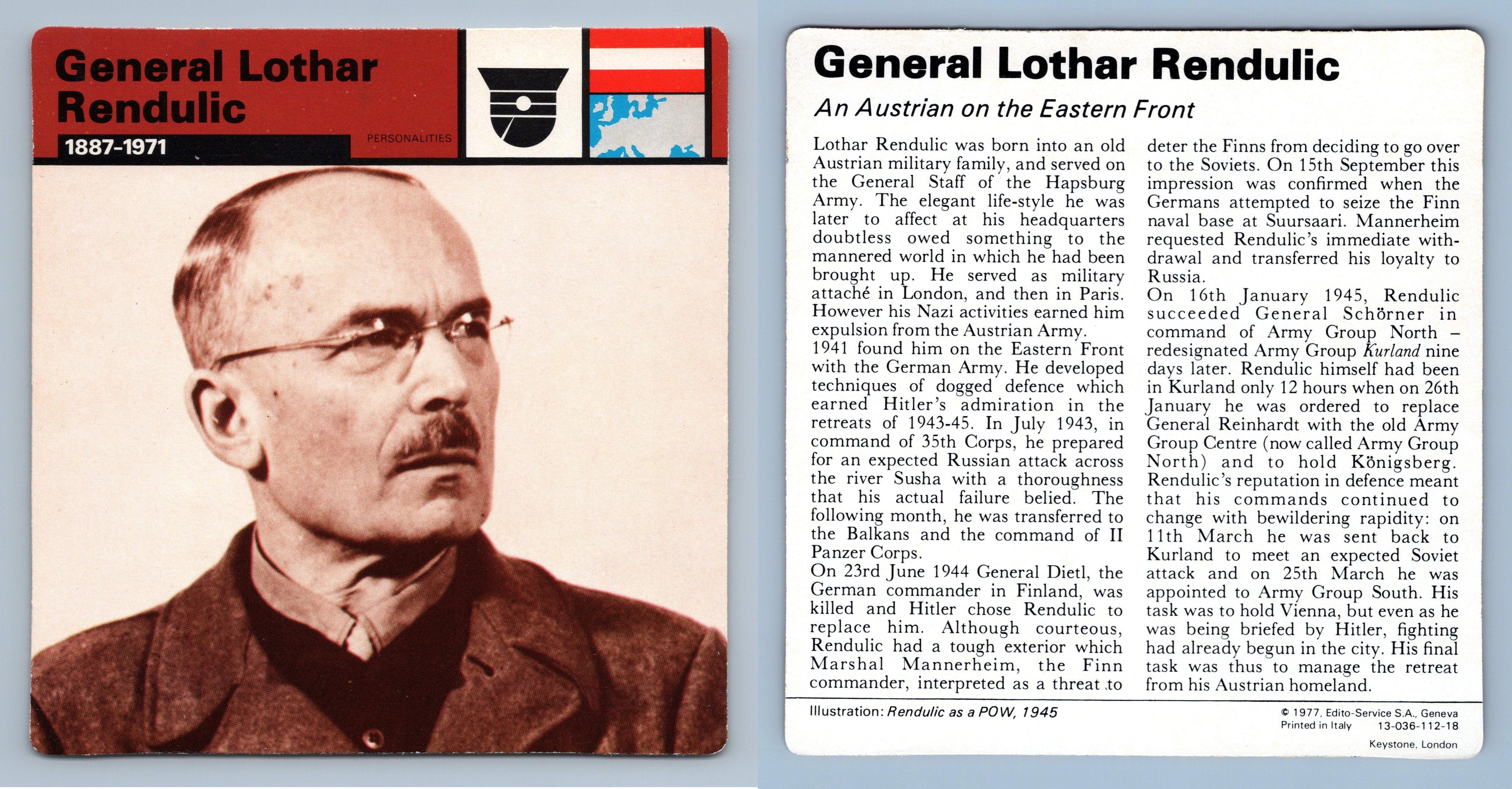 General Lothar Rendulic - Personalities - WW2 Edito-Service SA 1977 Card