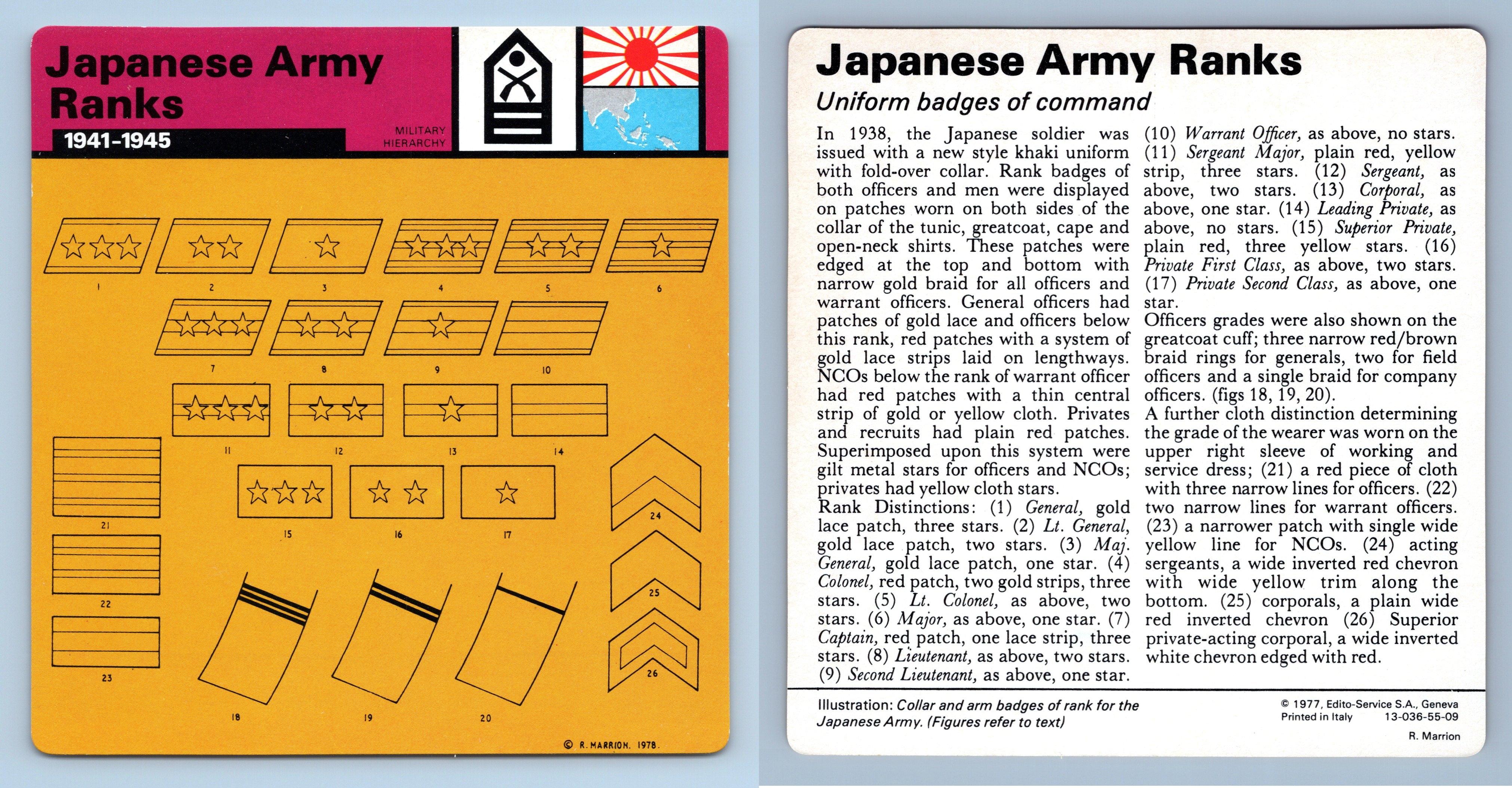 Japanese Army Ranks - 1941-45 - Military - WW2 Edito-Service SA 1977 Card