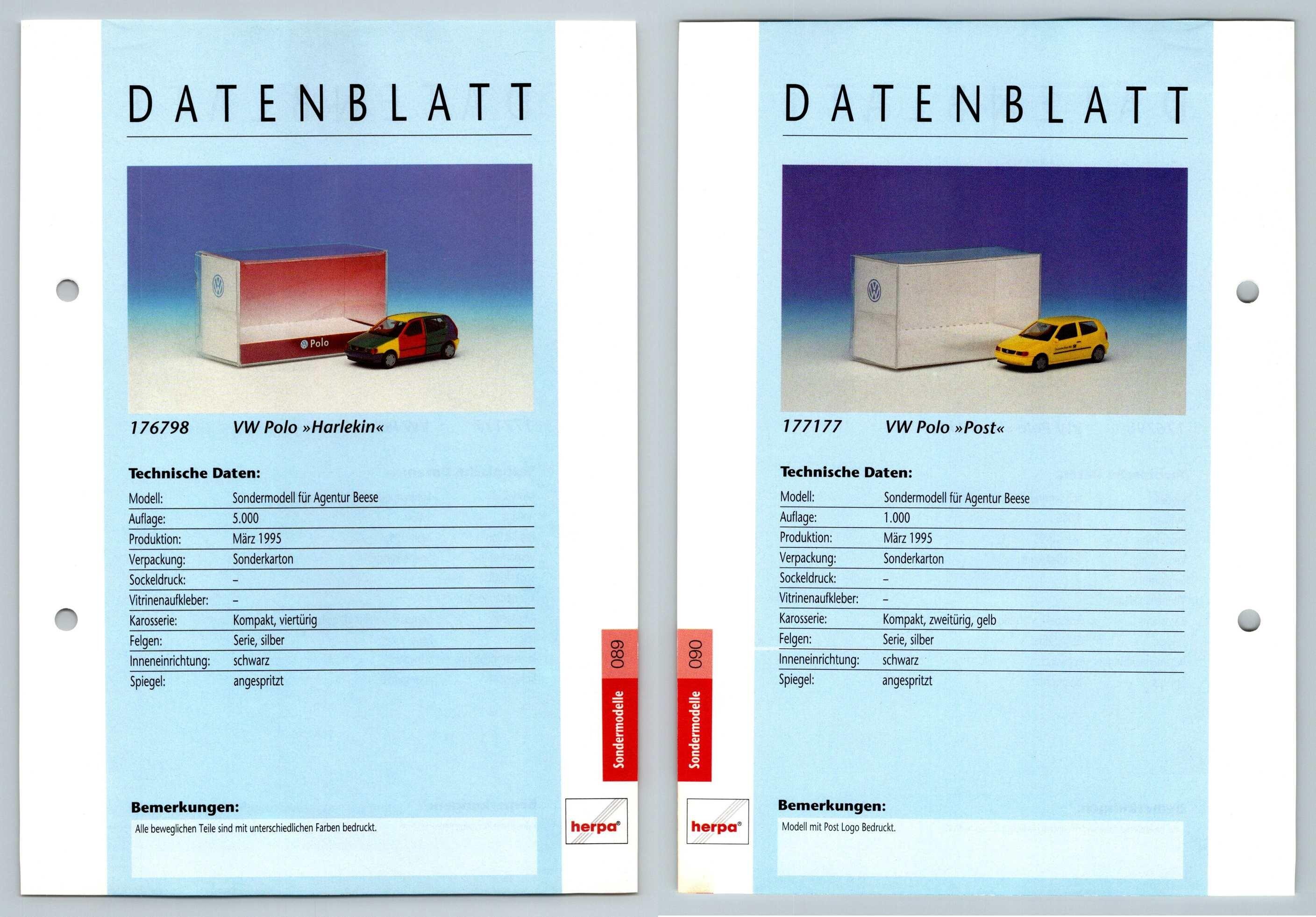 VW Polo / VW Polo Post #89/90 Sondermodelle Datenblatt - Herpa Data Sheet
