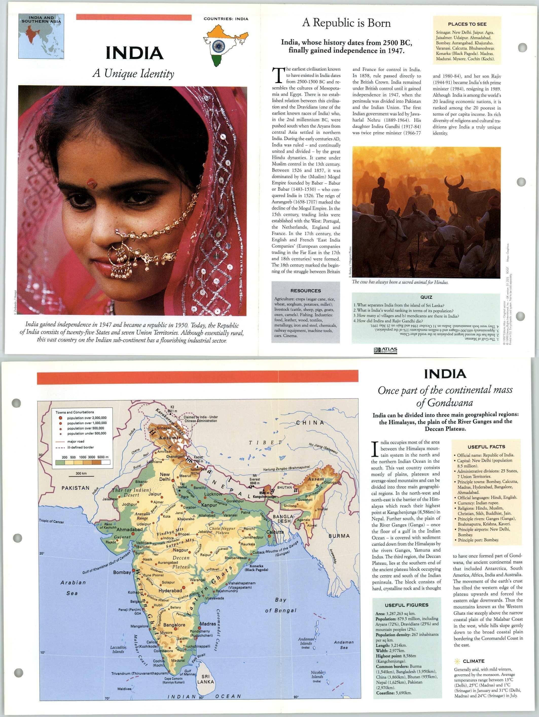 India - India & South Asia - Atlas Of The World Fact File Fold-Out Page