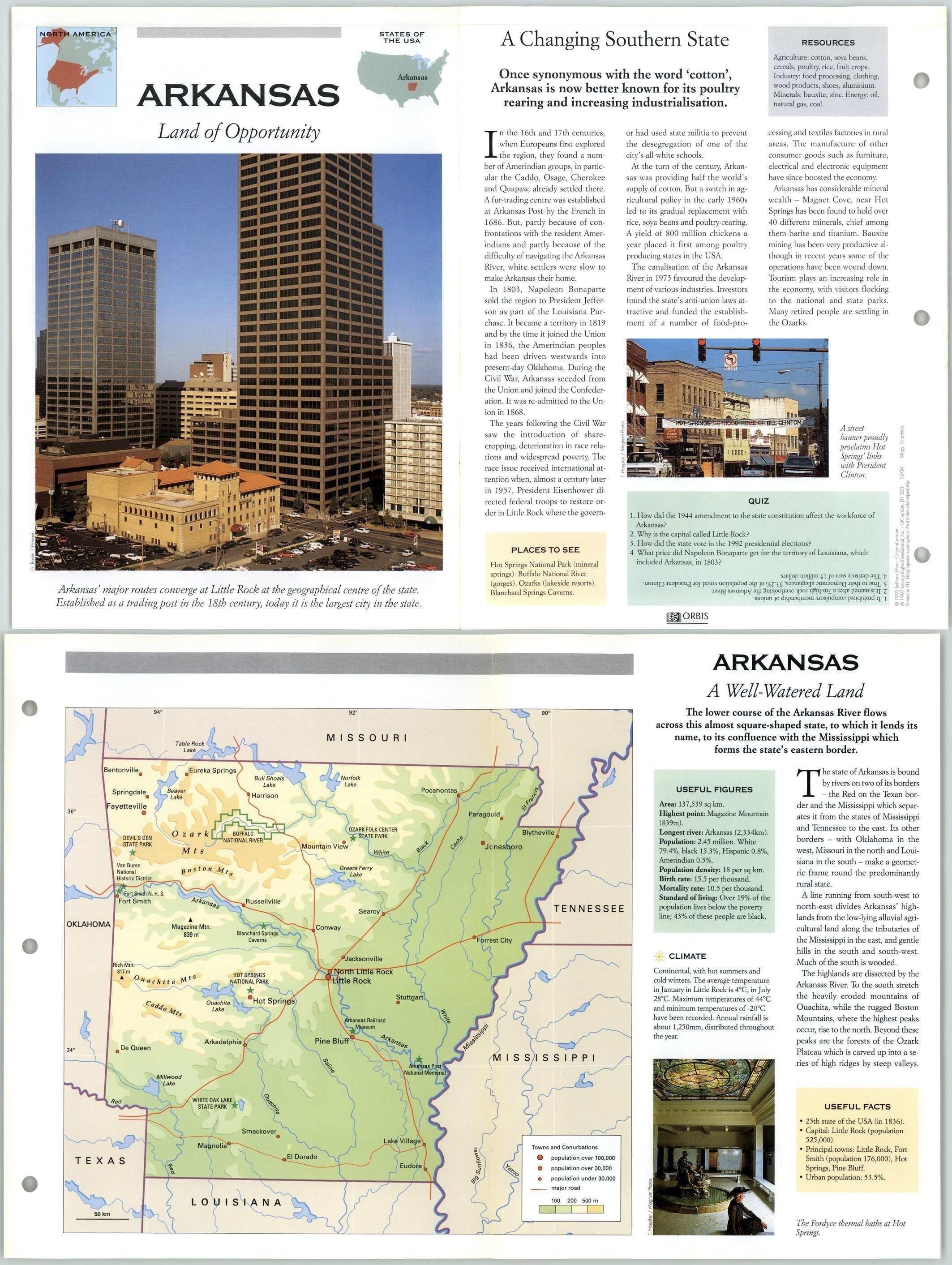 Arkansas - North America - Atlas Of The World Fact File Fold-Out Page