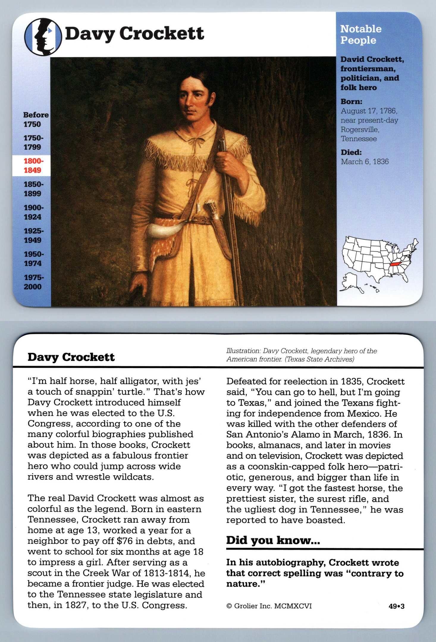Davy Crockett #49.3 Notable People - Story Of America Grolier Card