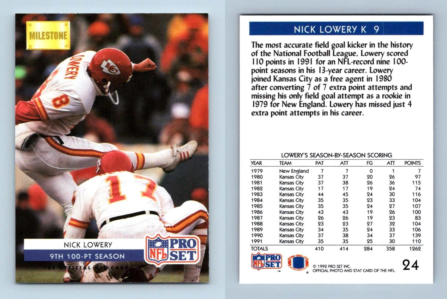 Nick Lowery #24 NFL Pro Set 1992 Series 1 Trading Card