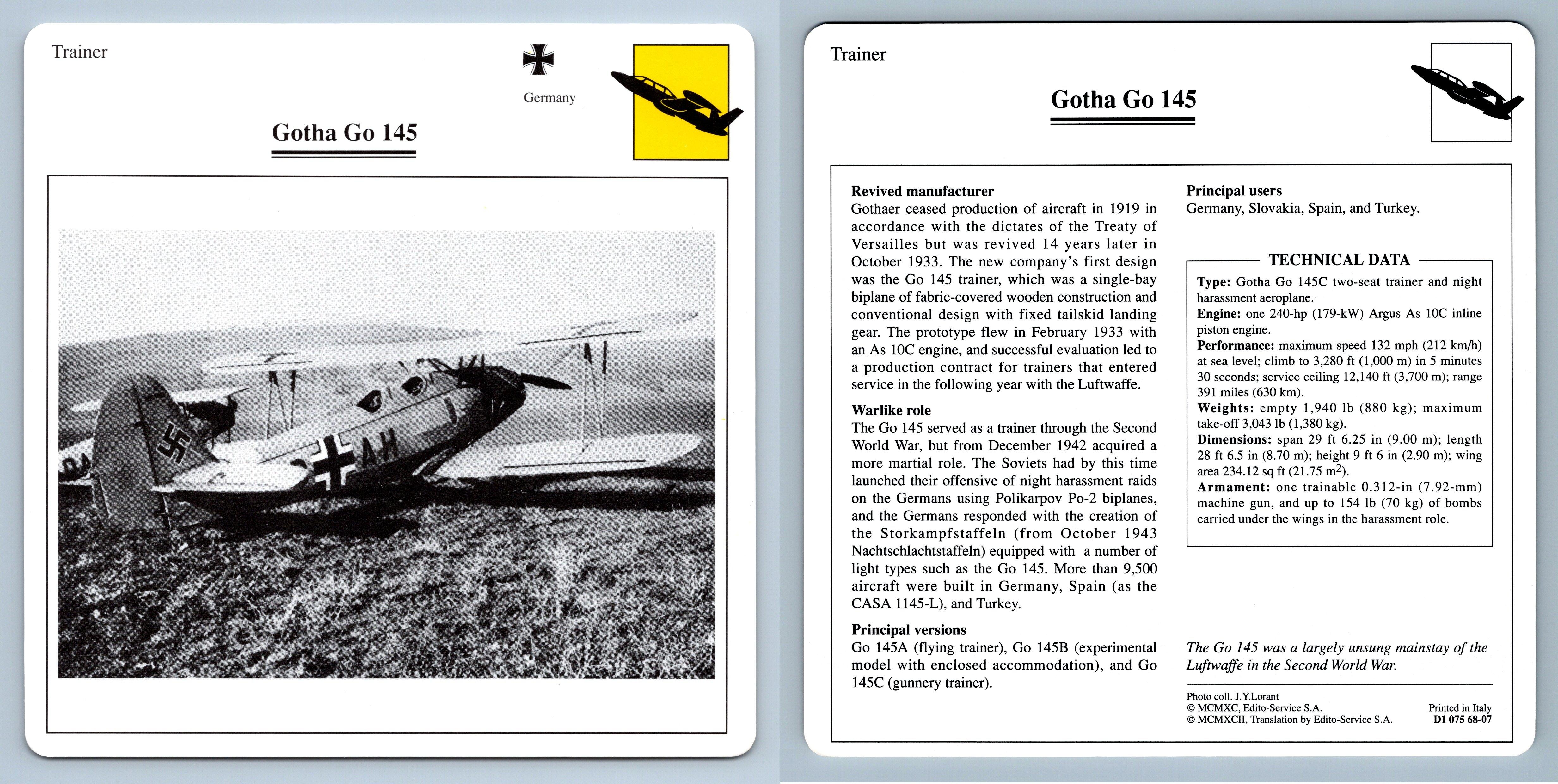 Gotha Go 145 - Trainer - Warplanes Collectors Club Card