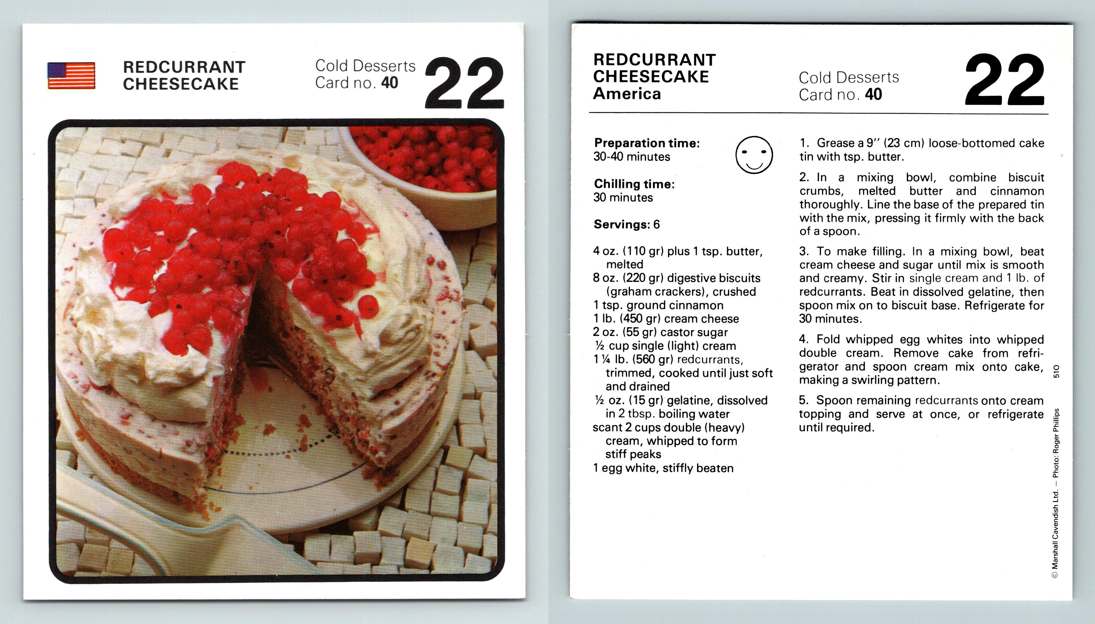 Redcurrant Cheesecake #40 Cold Desserts Cavendish Int. 1970's Recipe Card