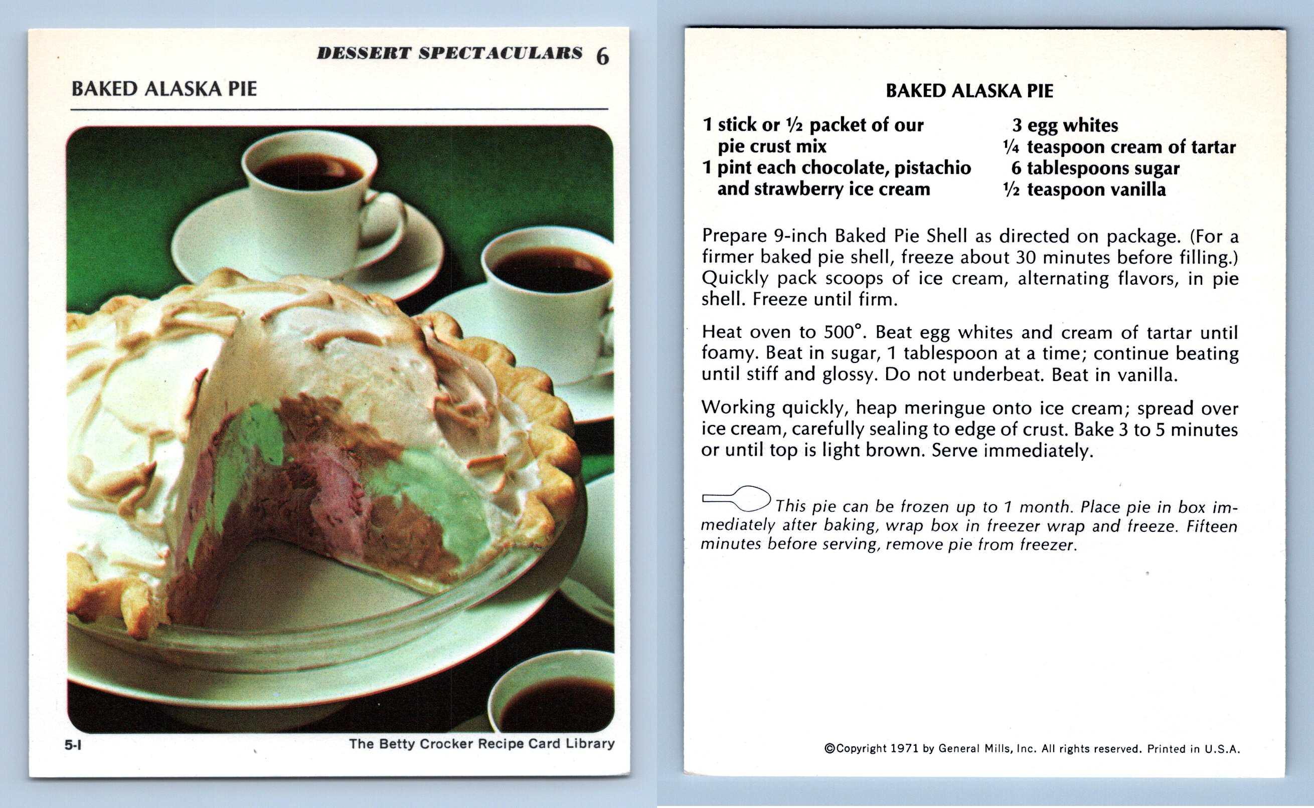 Baked Alaska Pie #6 Dessert Betty Crocker 1971 Recipe Card