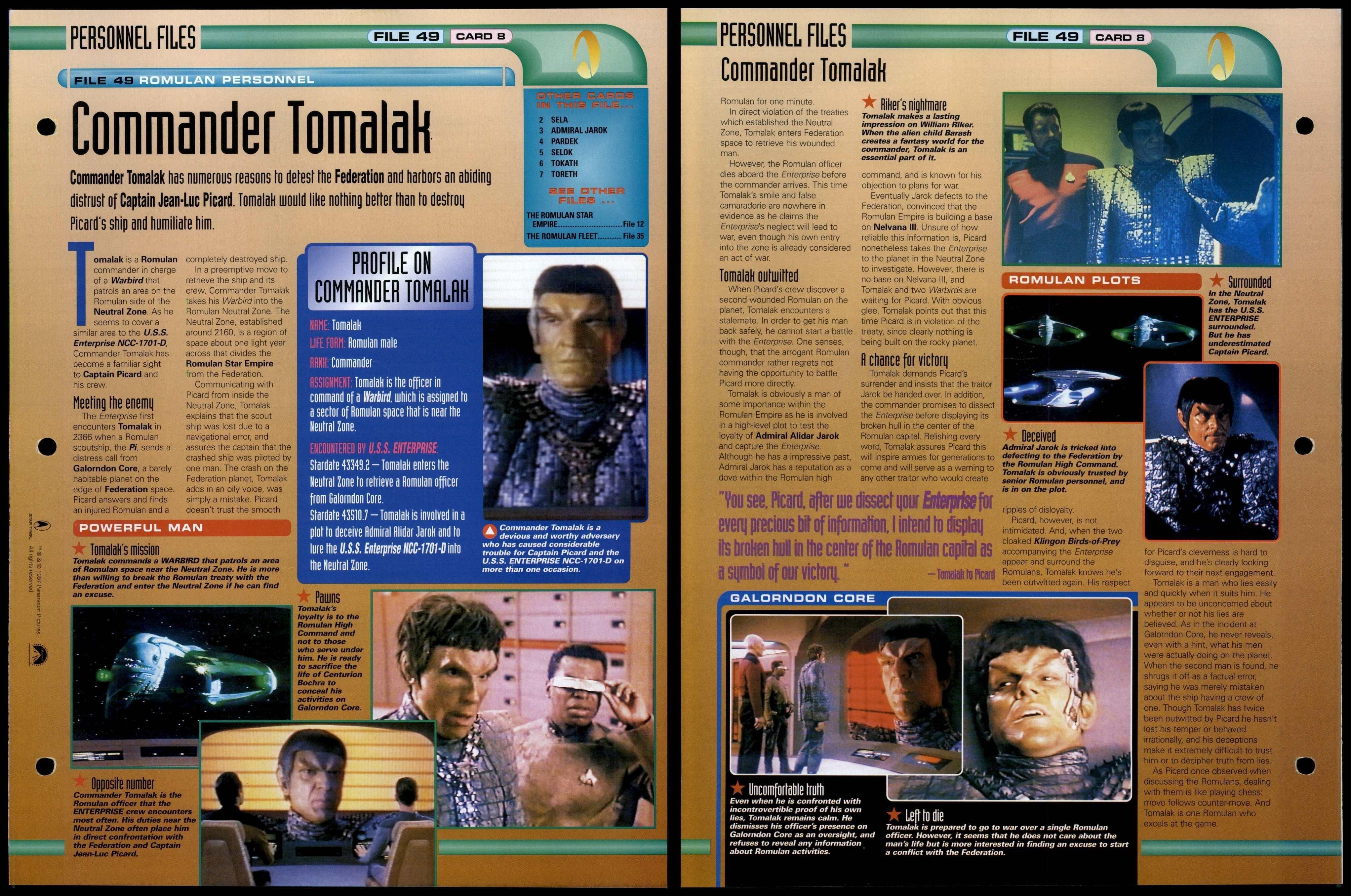 Commander Tomalak - Romulan Personnel - Star Trek Fact File Page