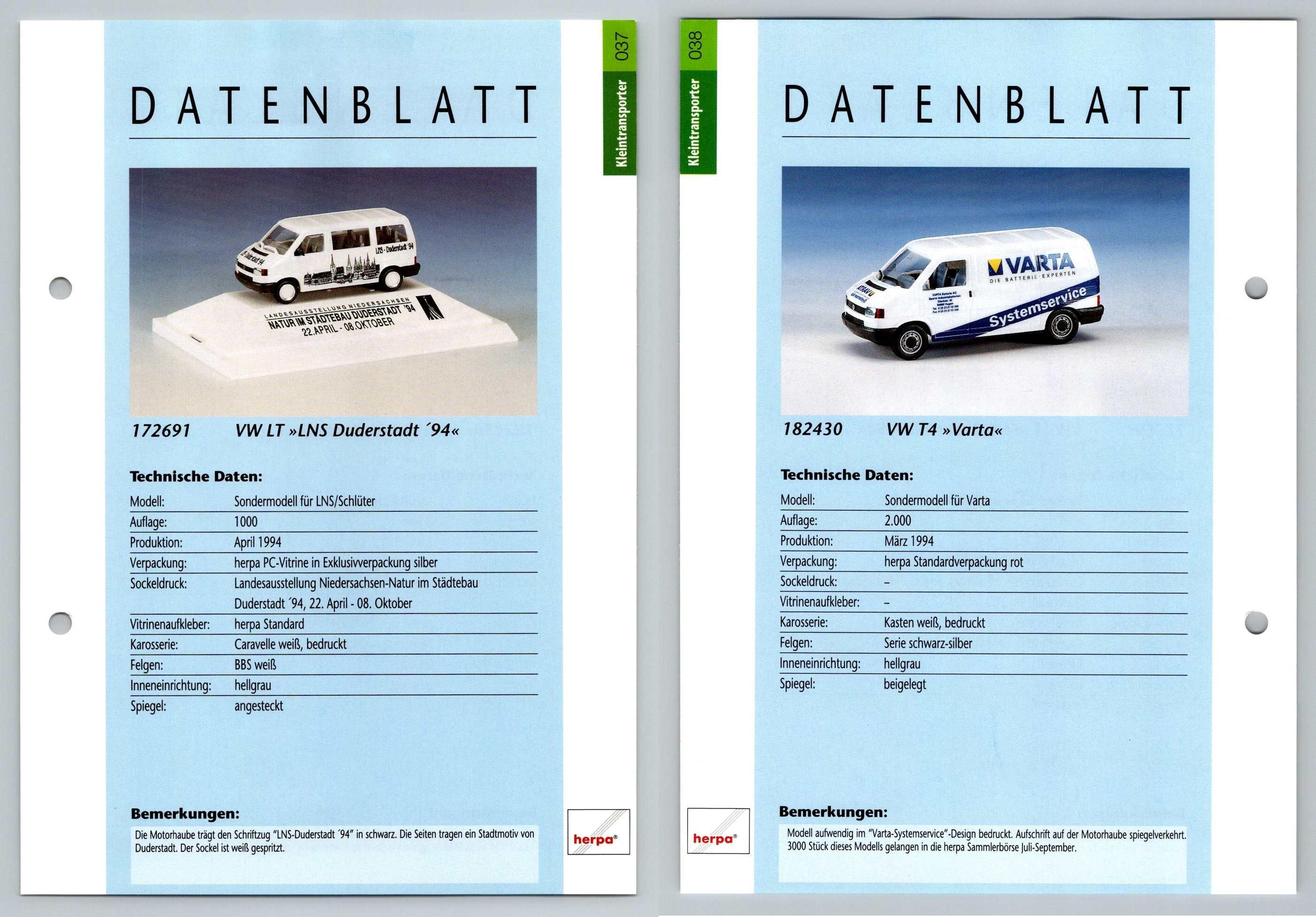 VW LT / VW T4 Varta #37/38 Kleintransporter Datenblatt - Herpa Data Sheet