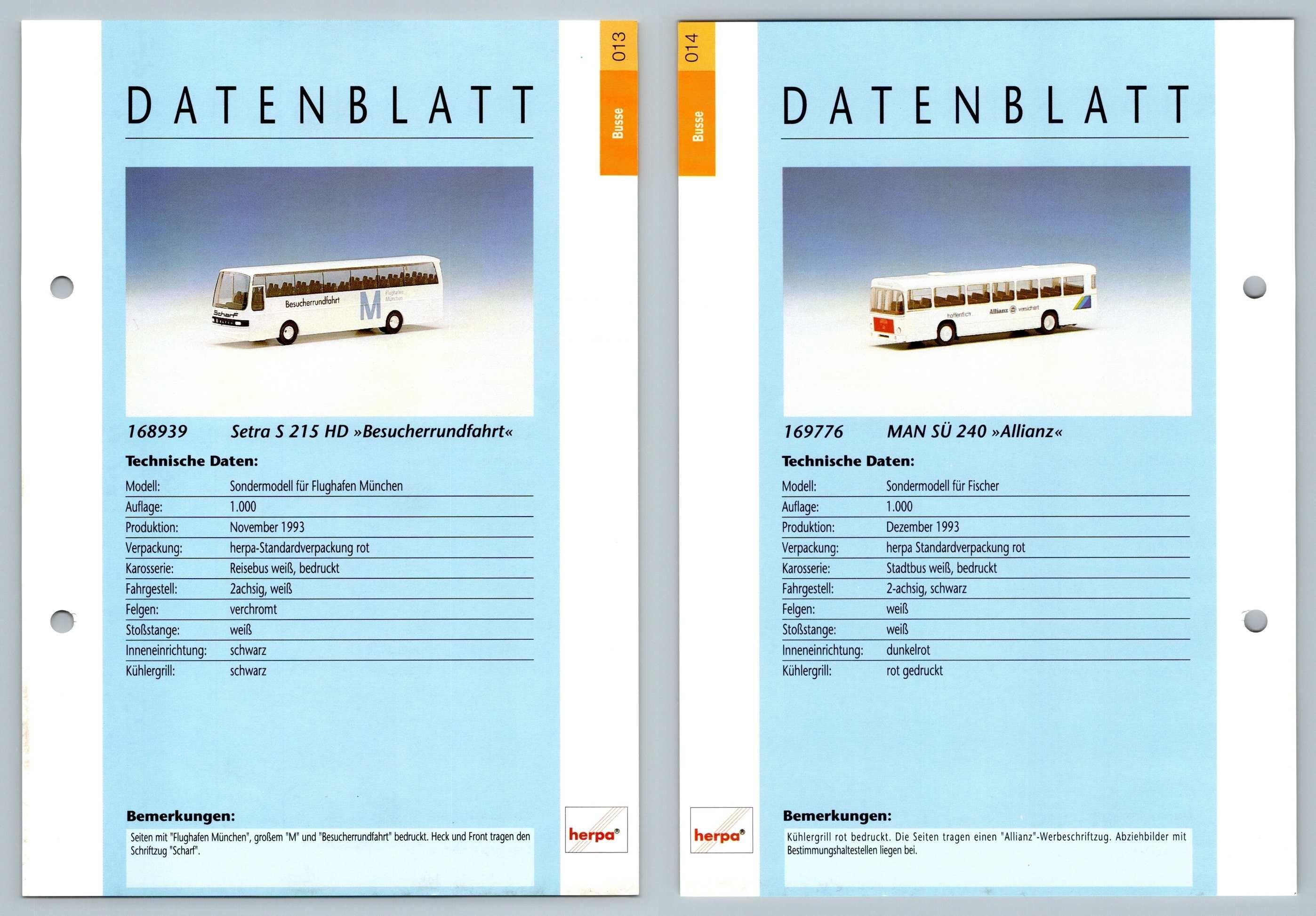 Setra S 215 HD / Man Su 240 #13/14 Busse Datenblatt - Herpa Data Sheet