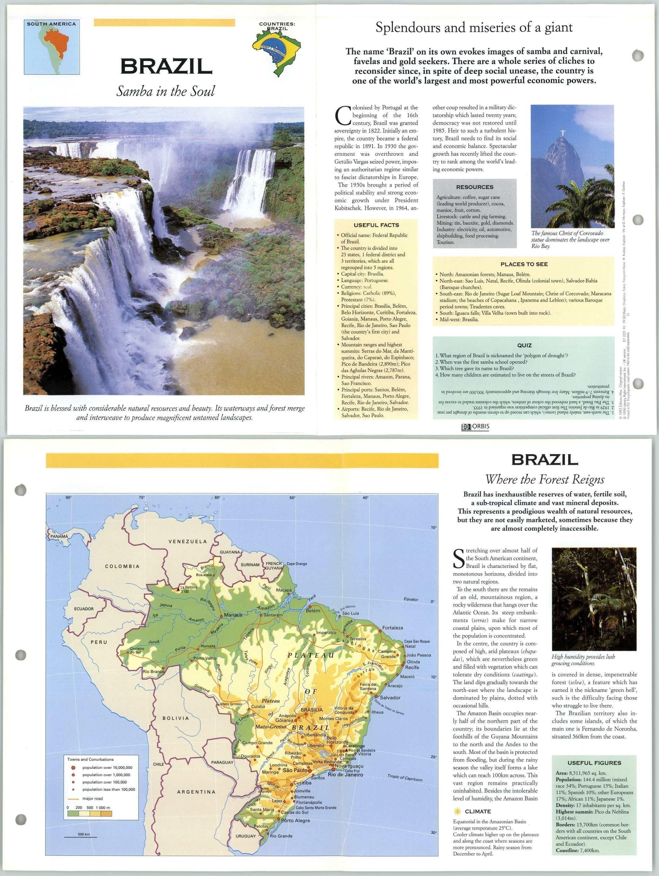 Brazil - South America - Atlas Of The World Fact File Fold-Out Page