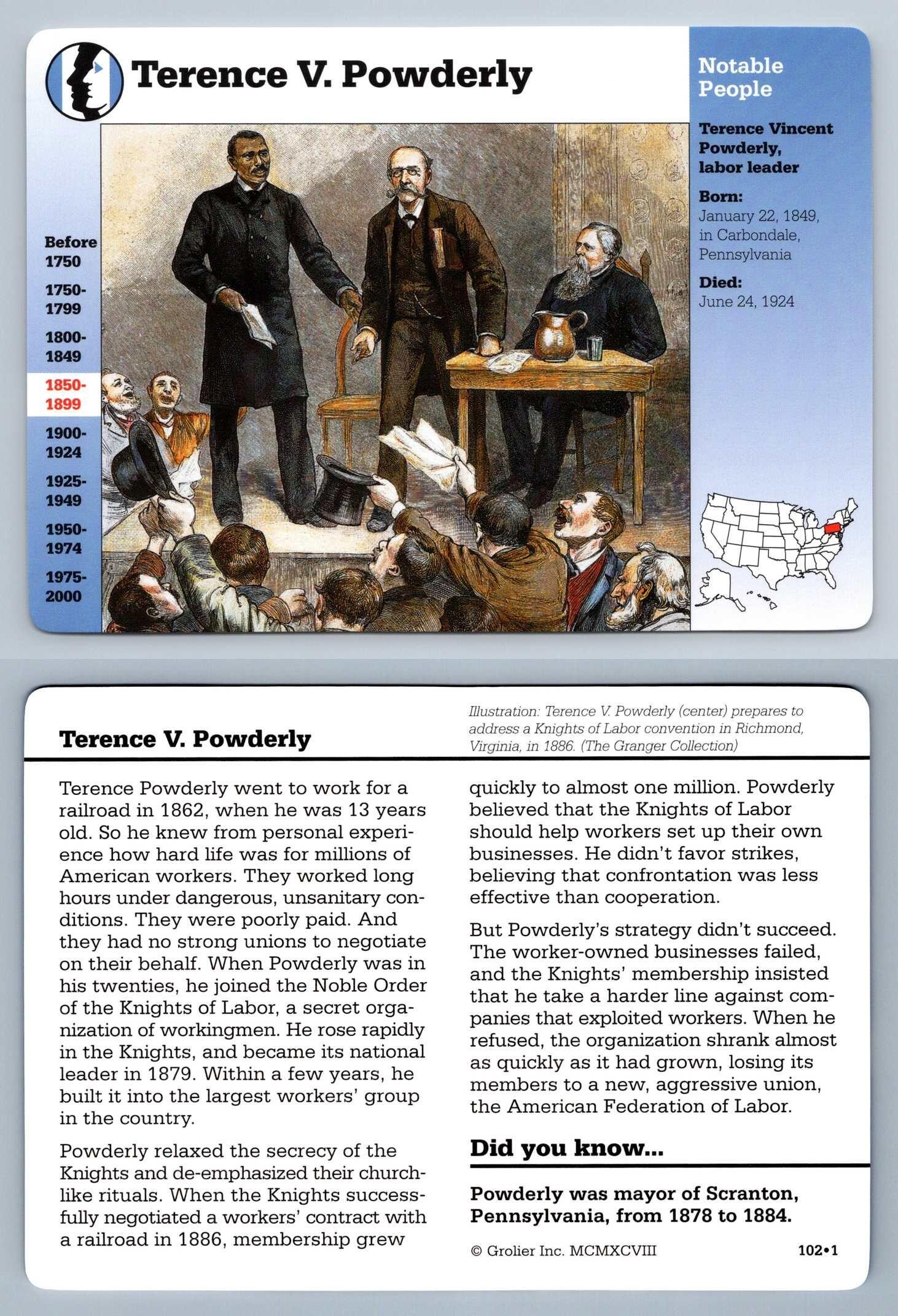 Terence V. Powderly #102.1 Notable People - Story Of America Grolier Card