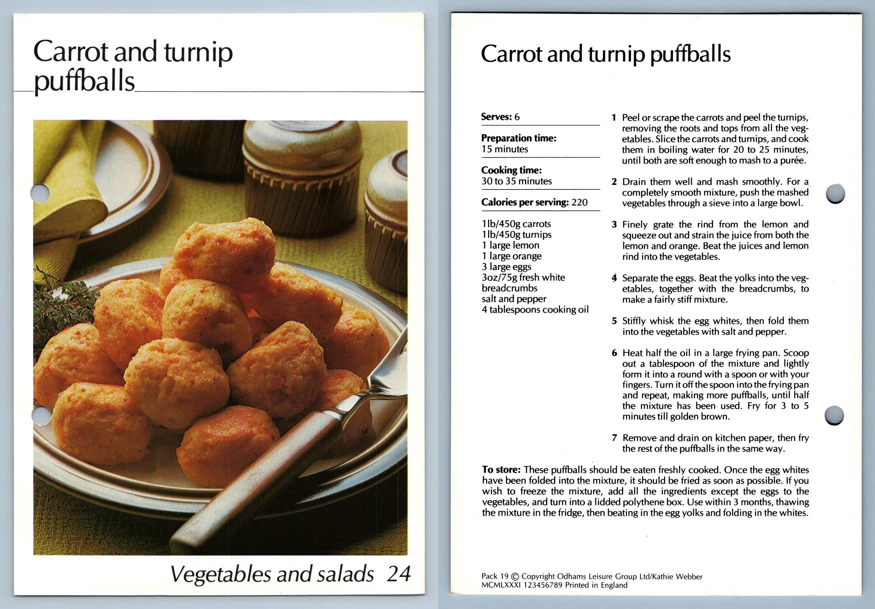 Carrot & Turnip Puffballs #24 Veg Hamlyn All-Colour Cookery Card