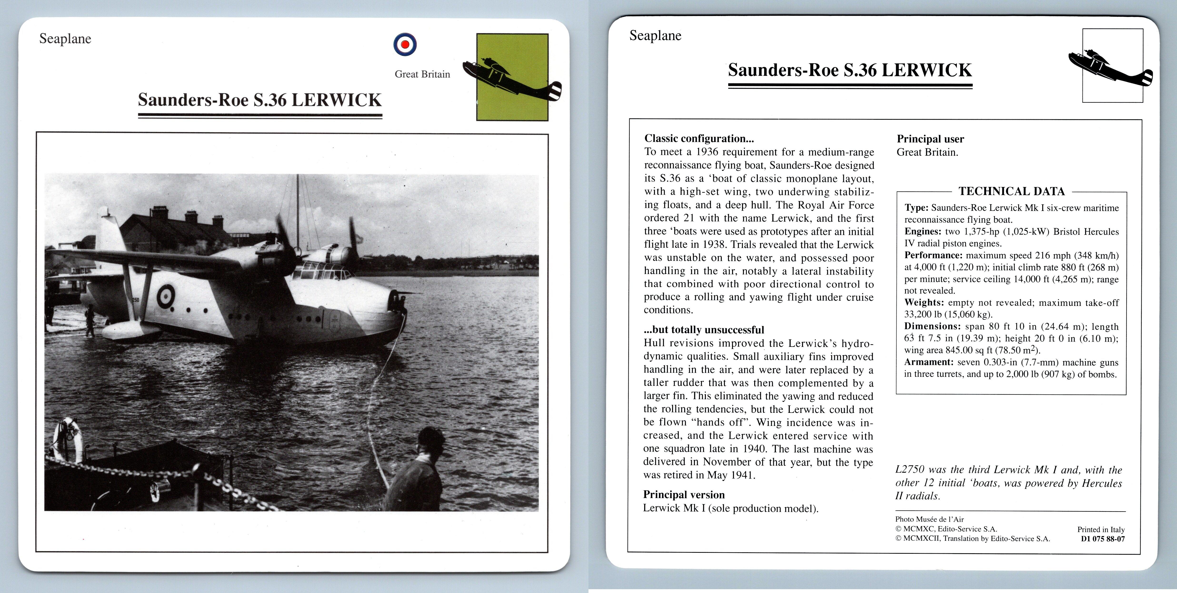 Saunders-Roe S.36 Lerwick - Seaplane - Warplanes Collectors Club Card