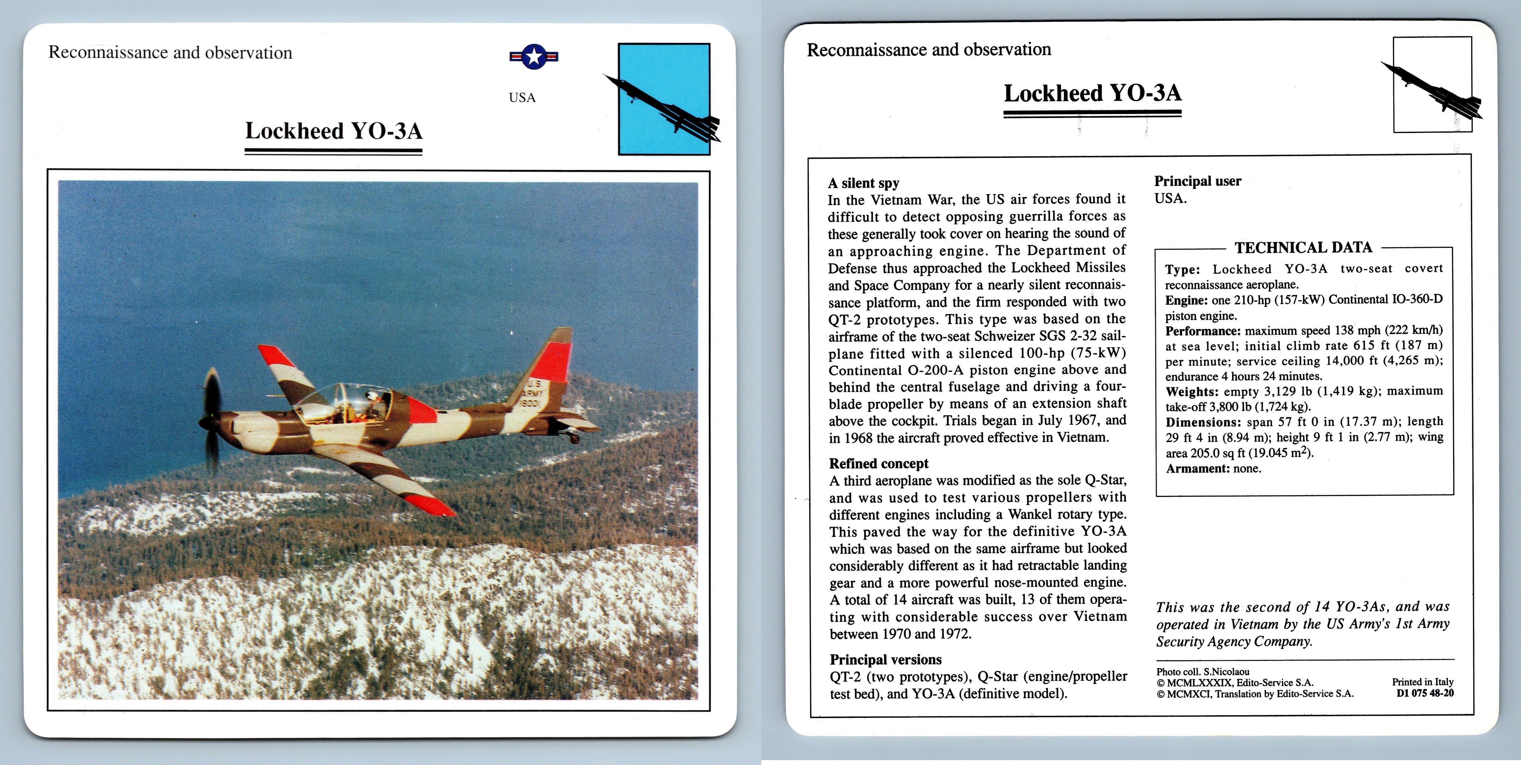 Lockheed YO-3A - Recon. & Obs - Warplanes Collectors Club Card
