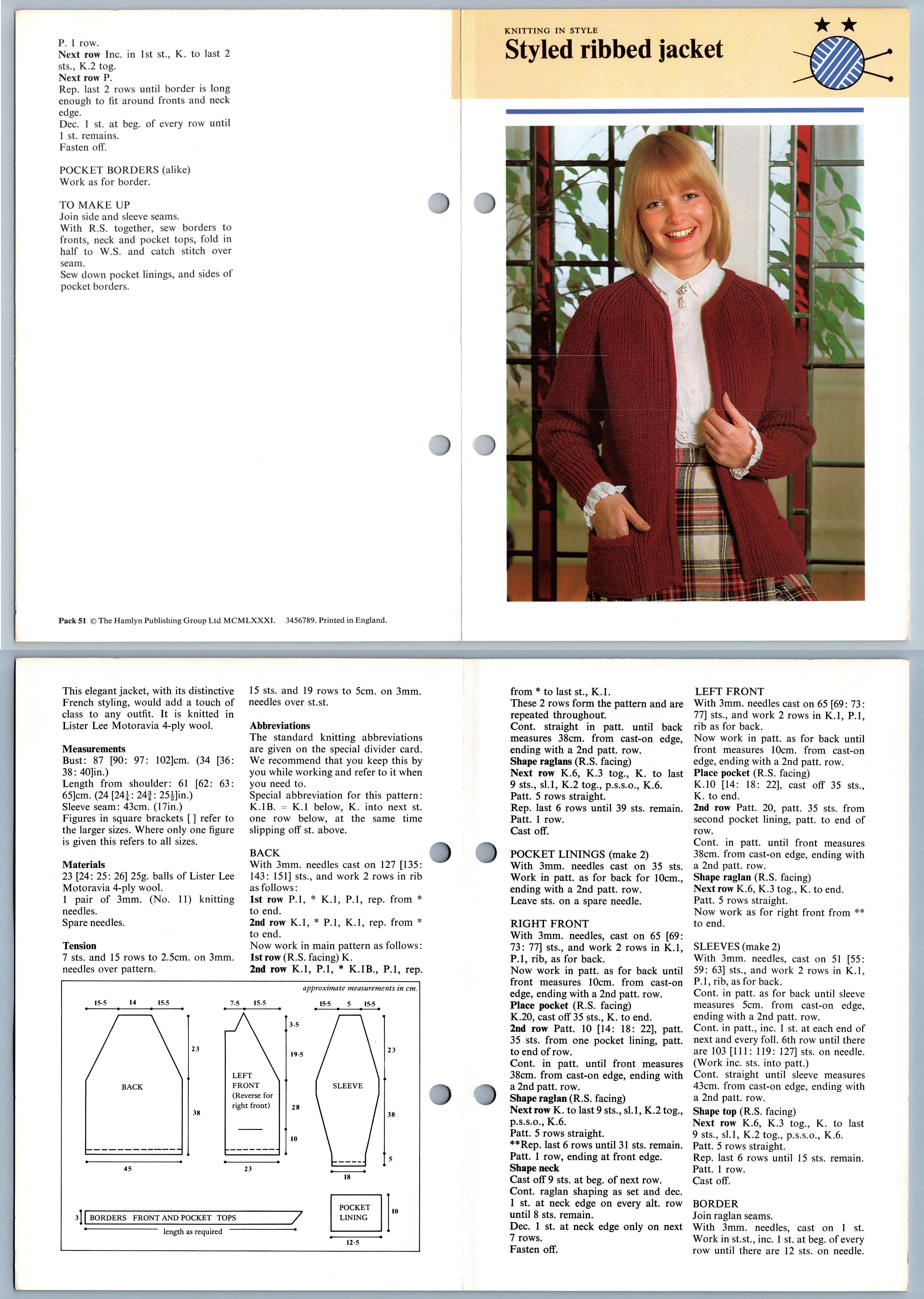 Styled Ribbed Jacket - Style - 1979 Odhams Knitting Collection Pattern Card