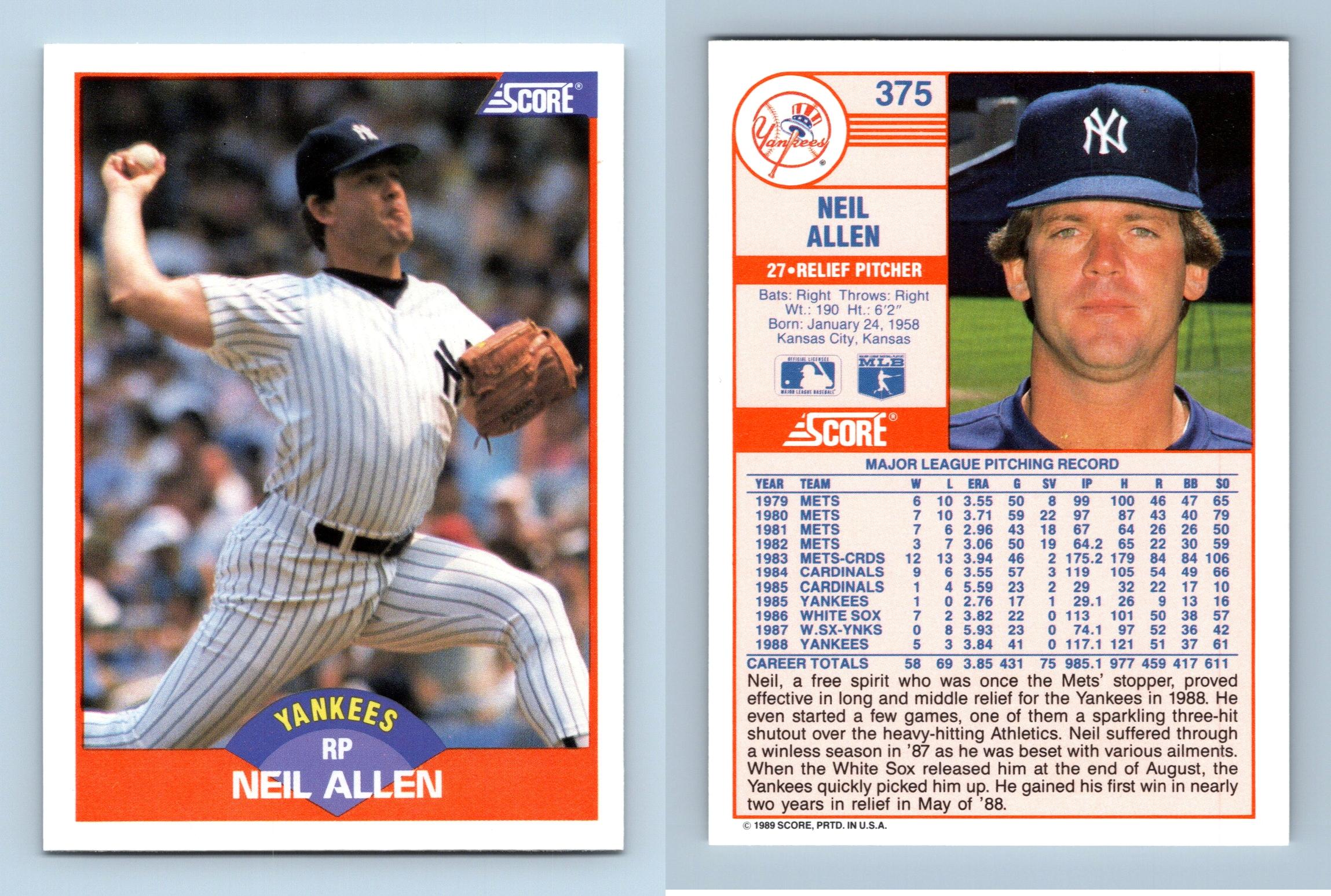 Neil Allen - Yankees #375 Score 1989 Baseball Trading Card