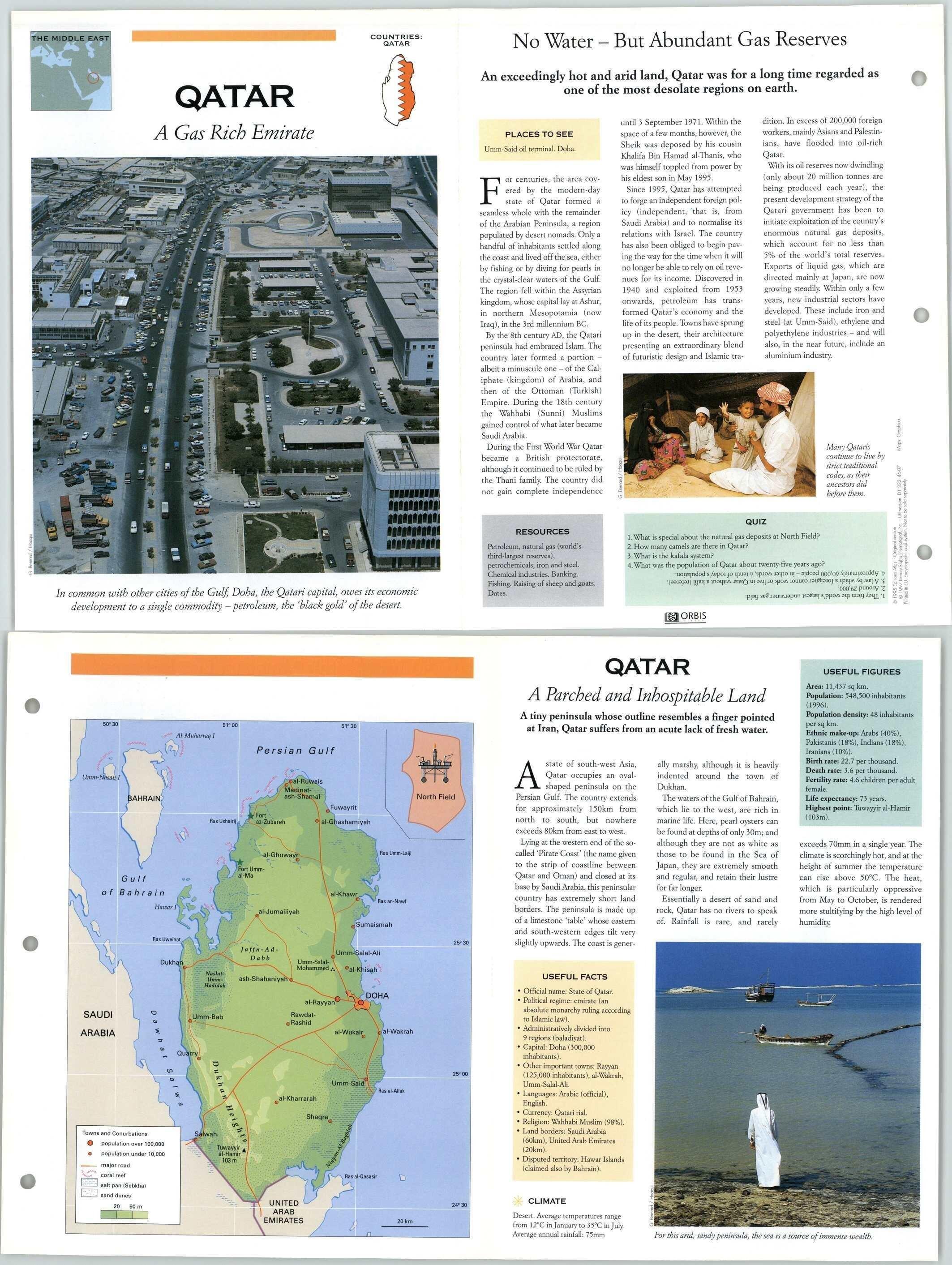 Qatar - Middle East - Atlas Of The World Fact File Fold-Out Page