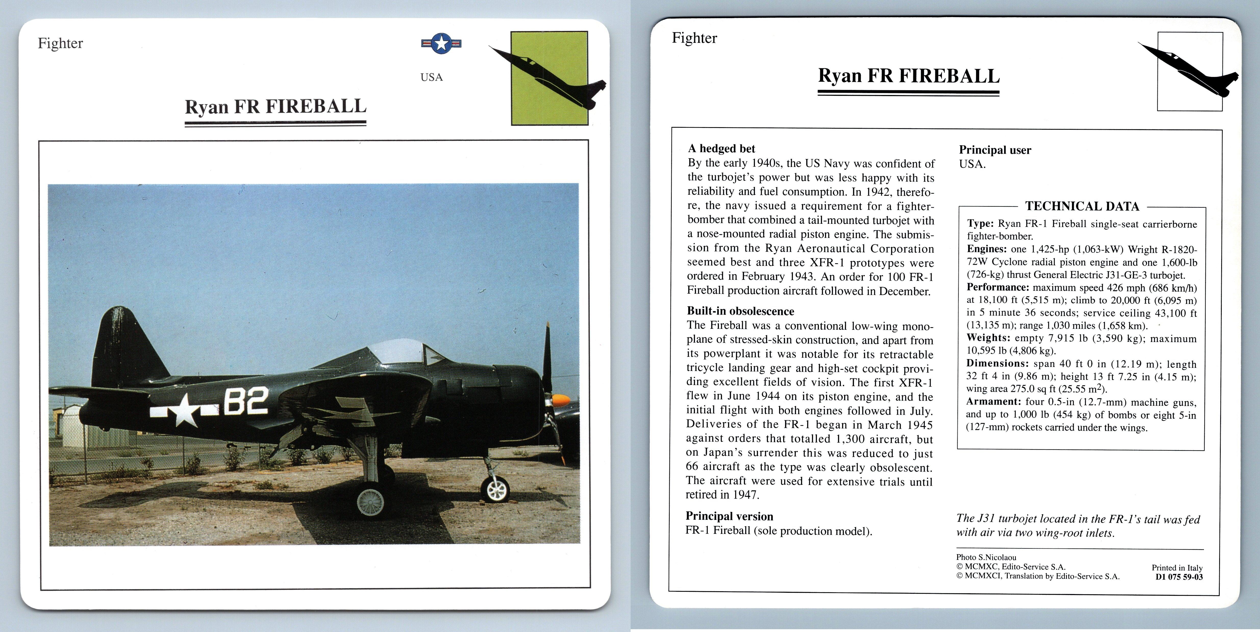 Ryan FR Fireball - Fighter - Warplanes Collectors Club Card