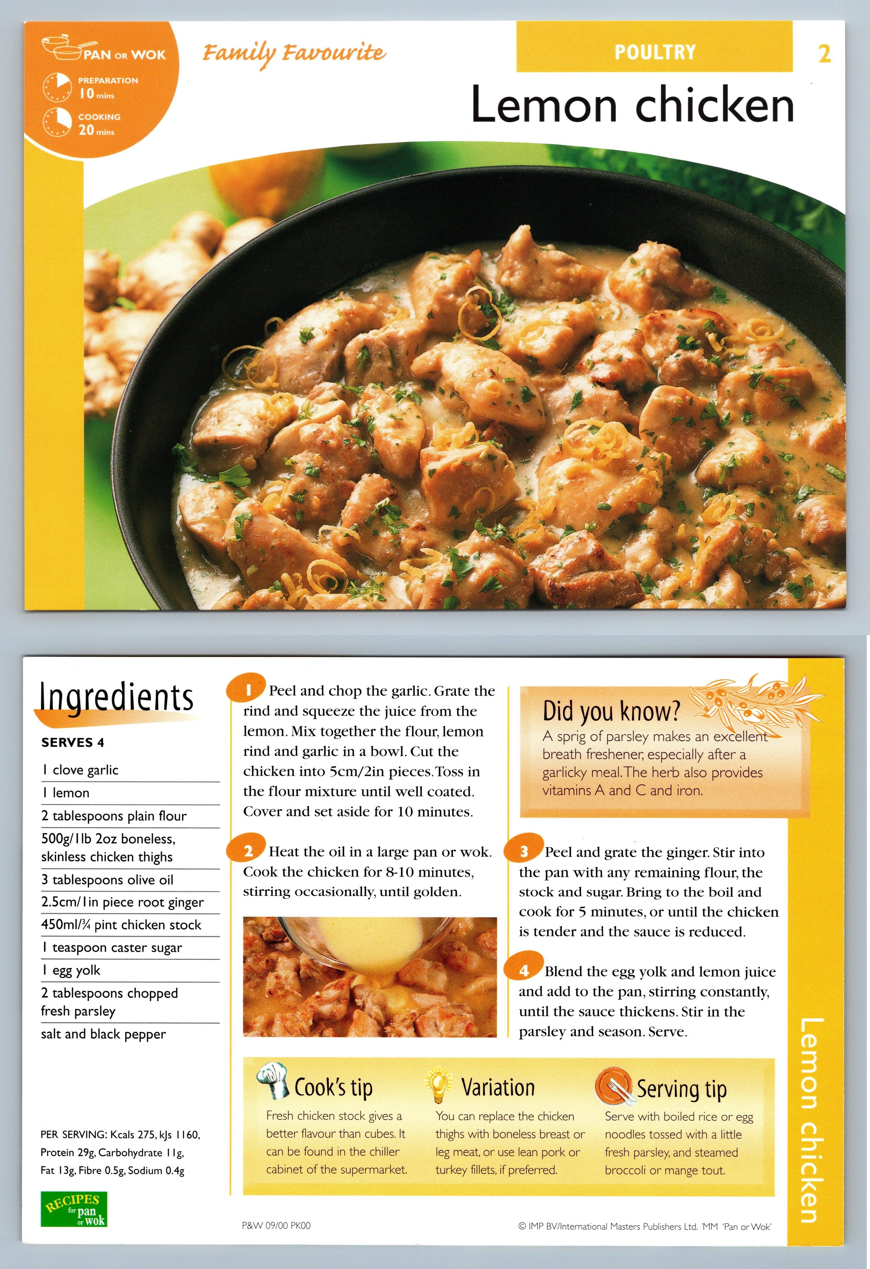 Lemon Chicken #2 - Poultry - Recipes For Pan Or Wok Imp Ltd Recipe Card