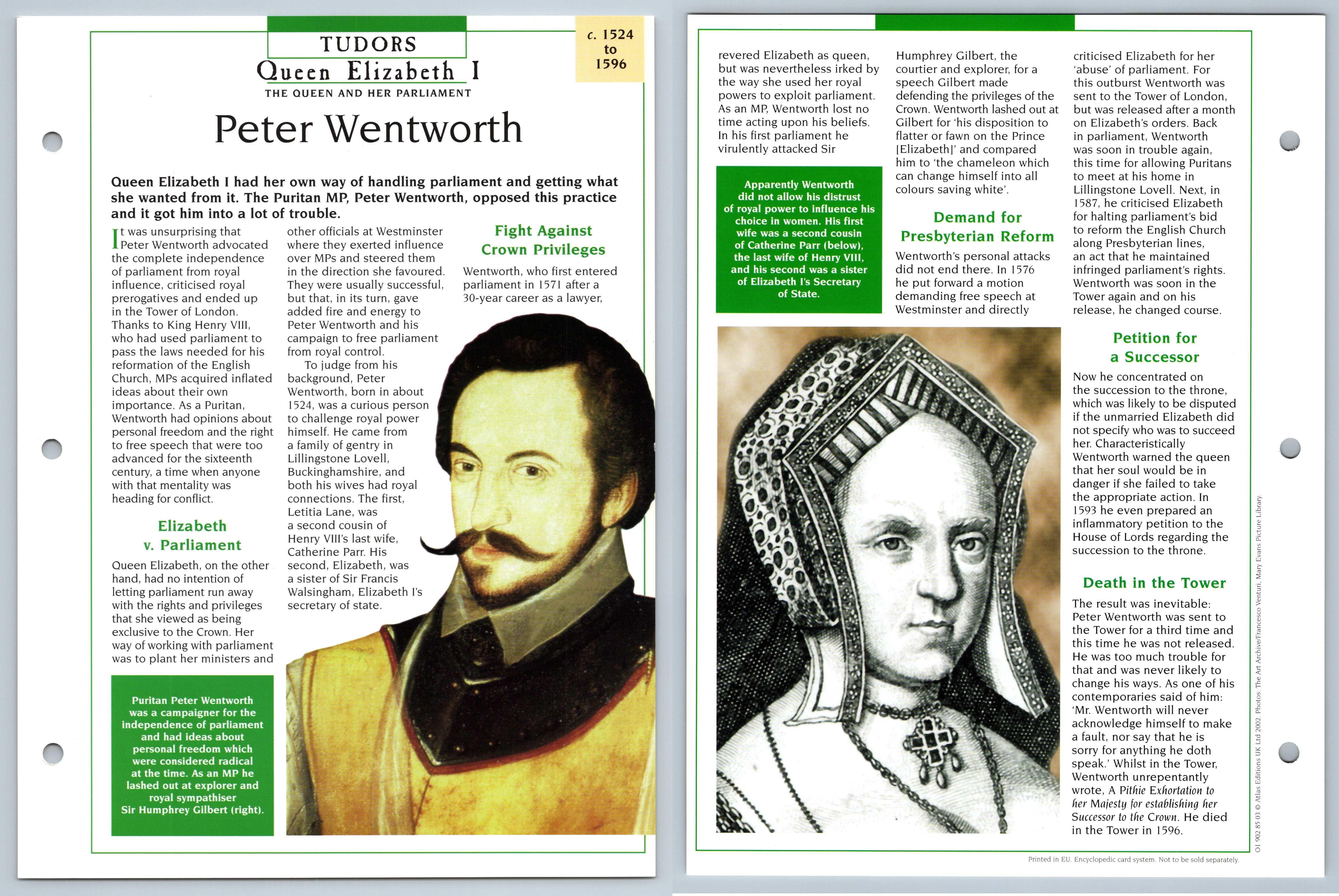 Peter Wentworth - 1524-1596 Tudors Atlas Kings & Queens Of GB Maxi Card