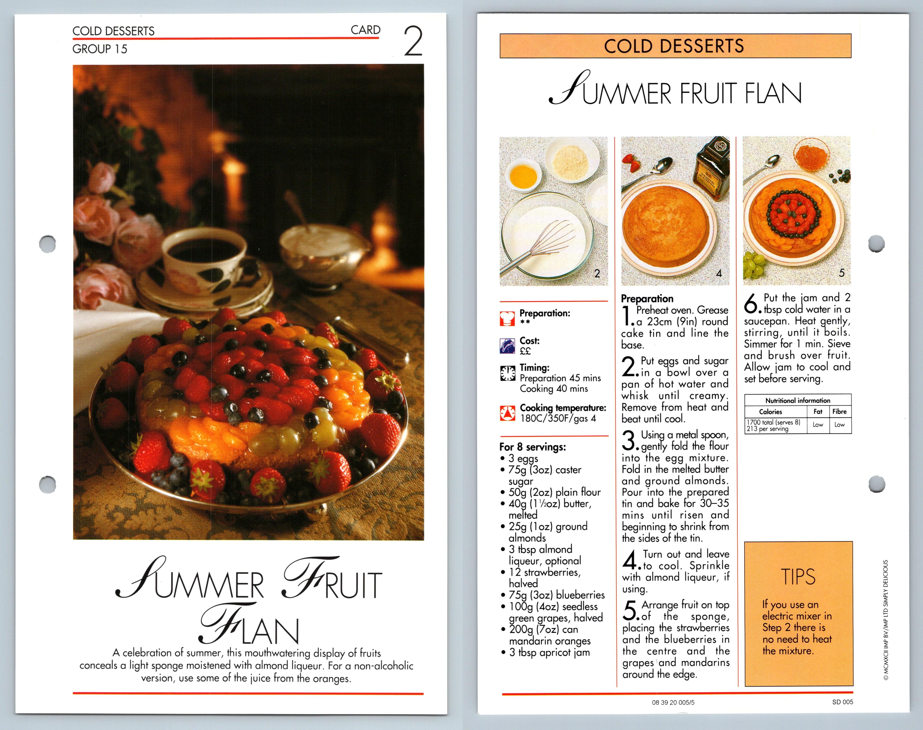 Summer Fruit Flan #2 Cold - Simply Delicious 1992 IMP Ltd Recipe Card