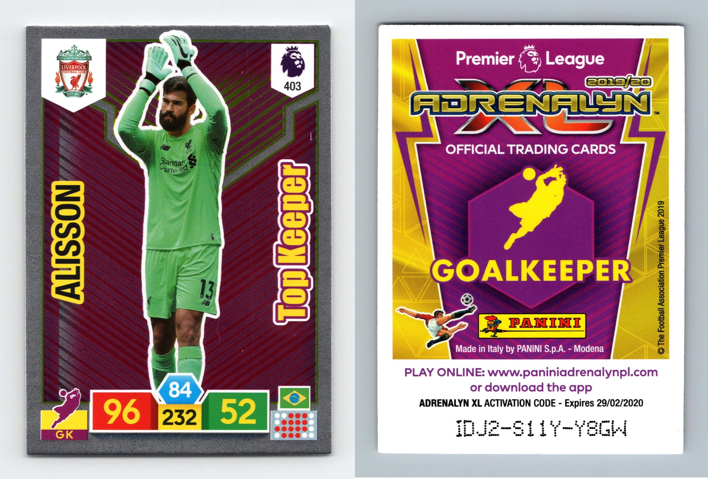 Alisson #403 Adrenalyn XL 2019-20 Premier League Panini Top Keeper Card