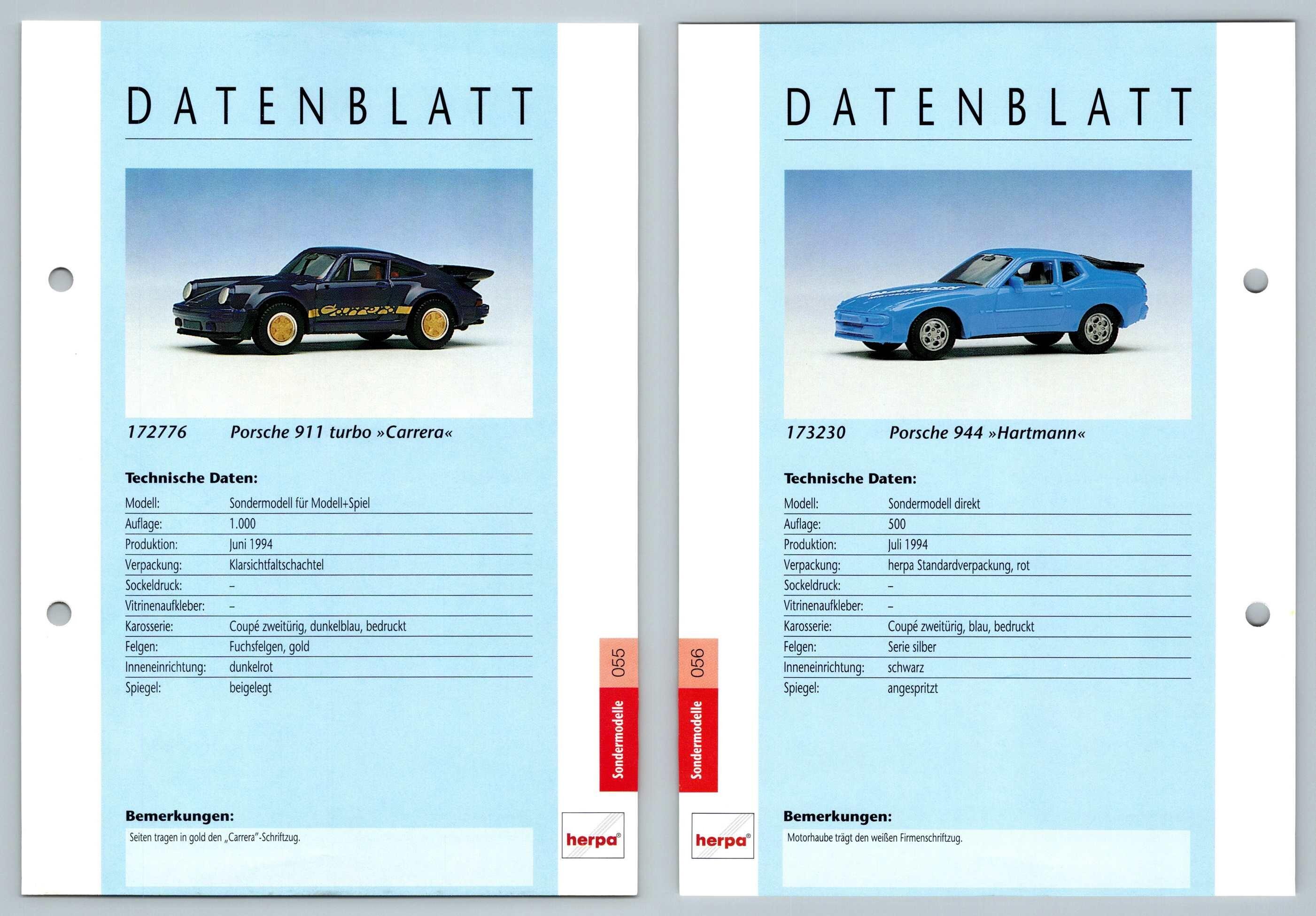 Porsche 911 Turbo / 944 #55/56 Sondermodelle Datenblatt - Herpa Data Sheet