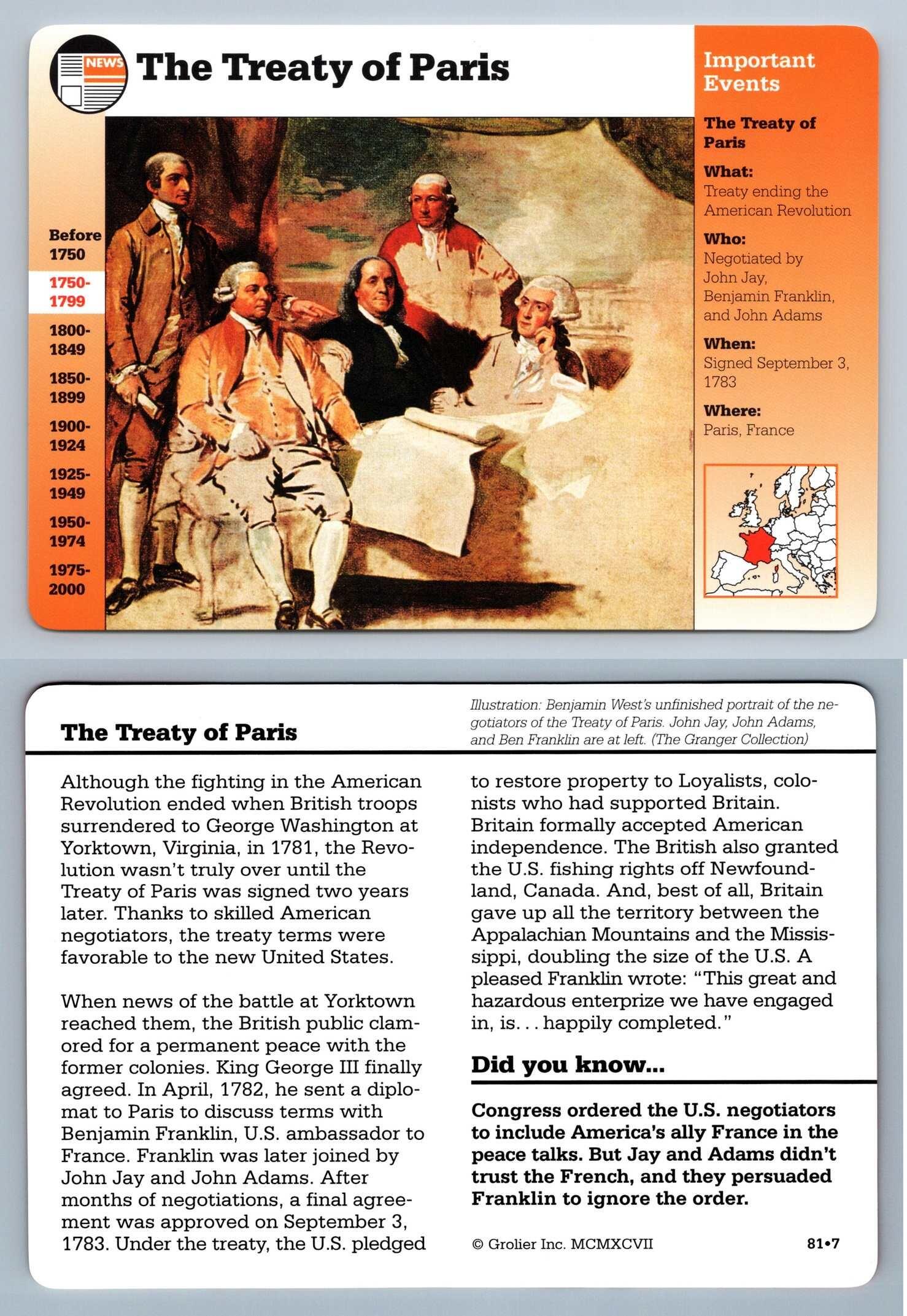 The Treaty Of Paris #81.7 - Events - Story Of America Grolier Card
