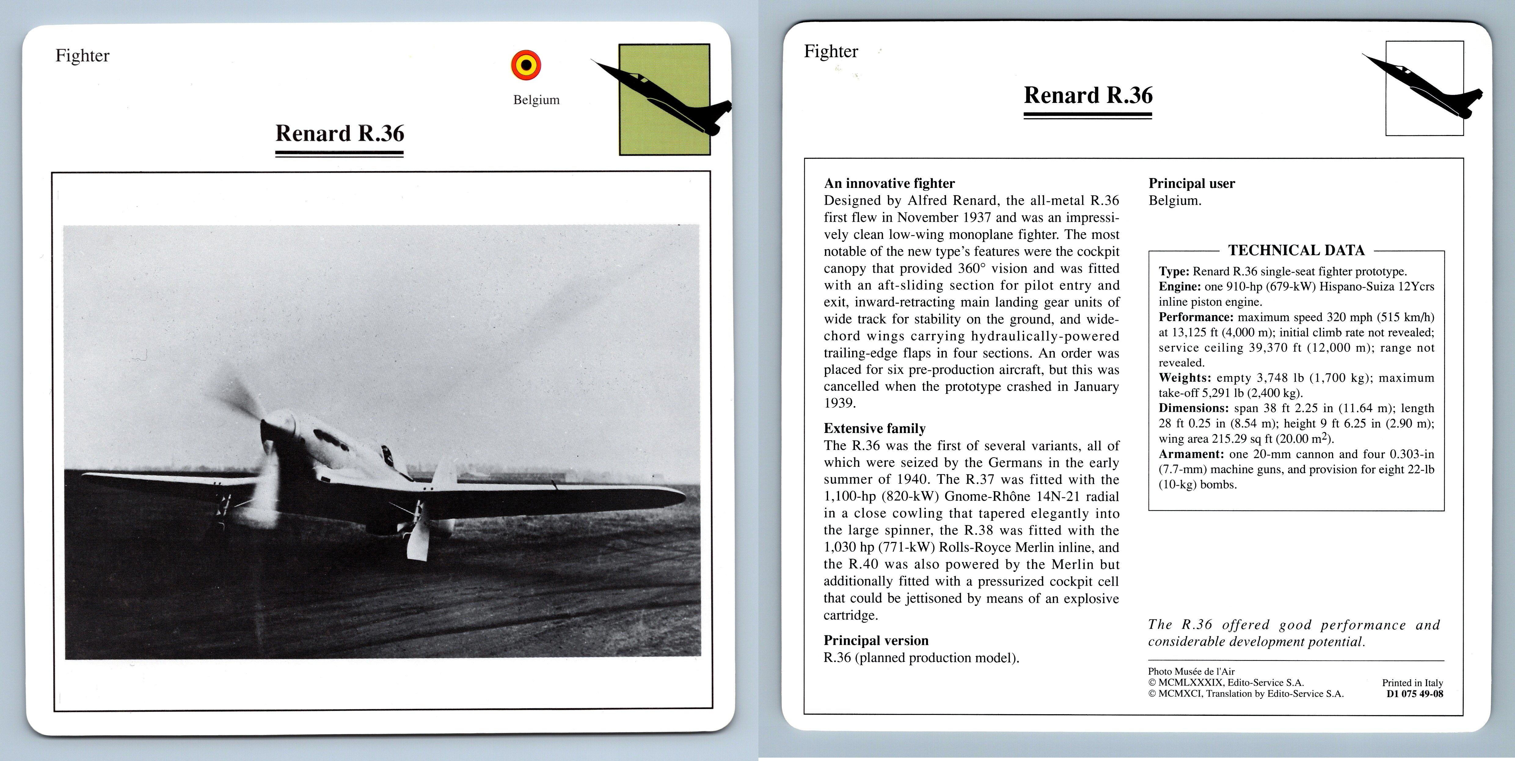 Renard R.36 - Fighter - Warplanes Collectors Club Card
