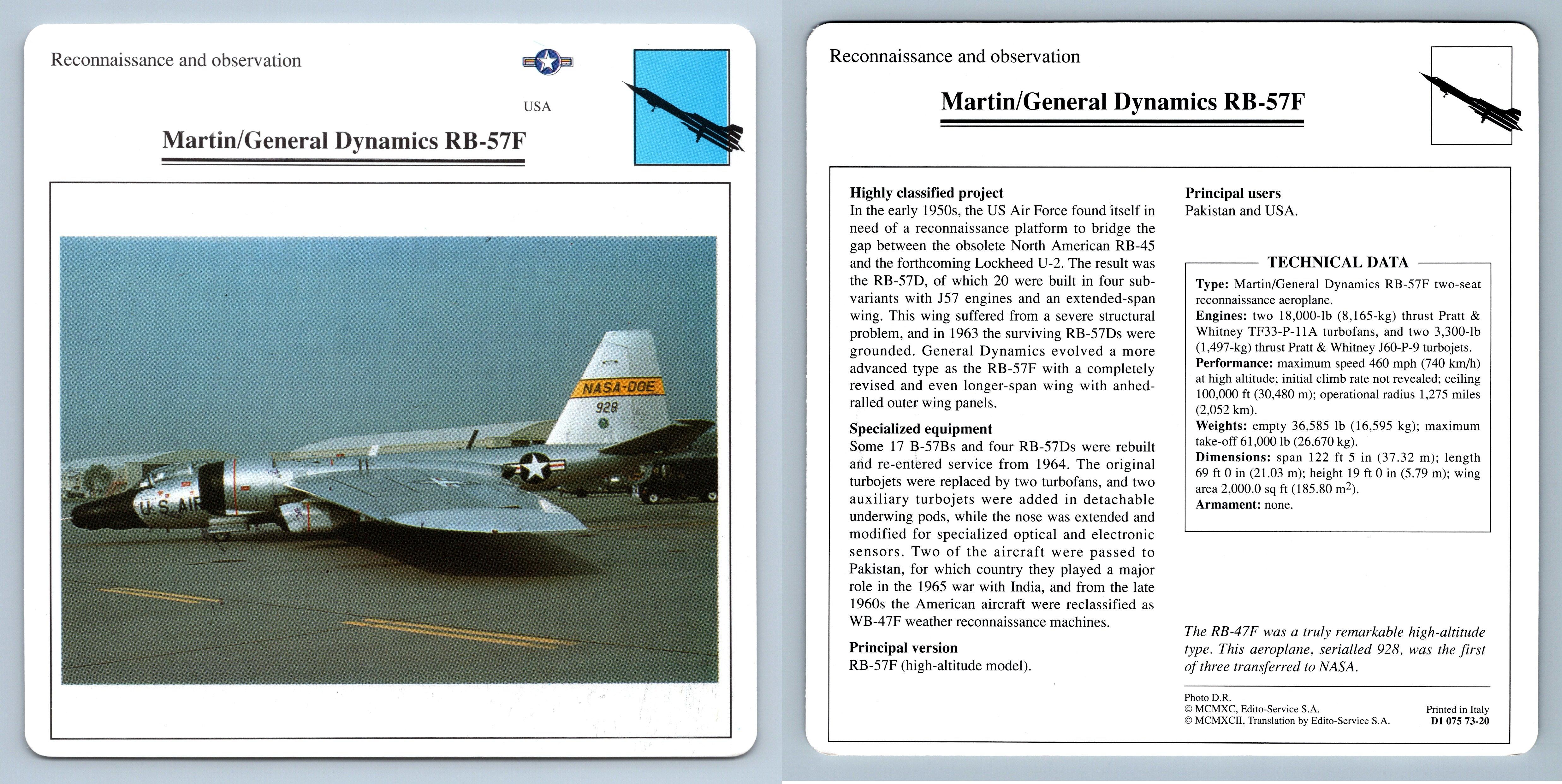 Martin/General Dynamics RB-57F - Recon. & Obs - Warplanes Collectors ...