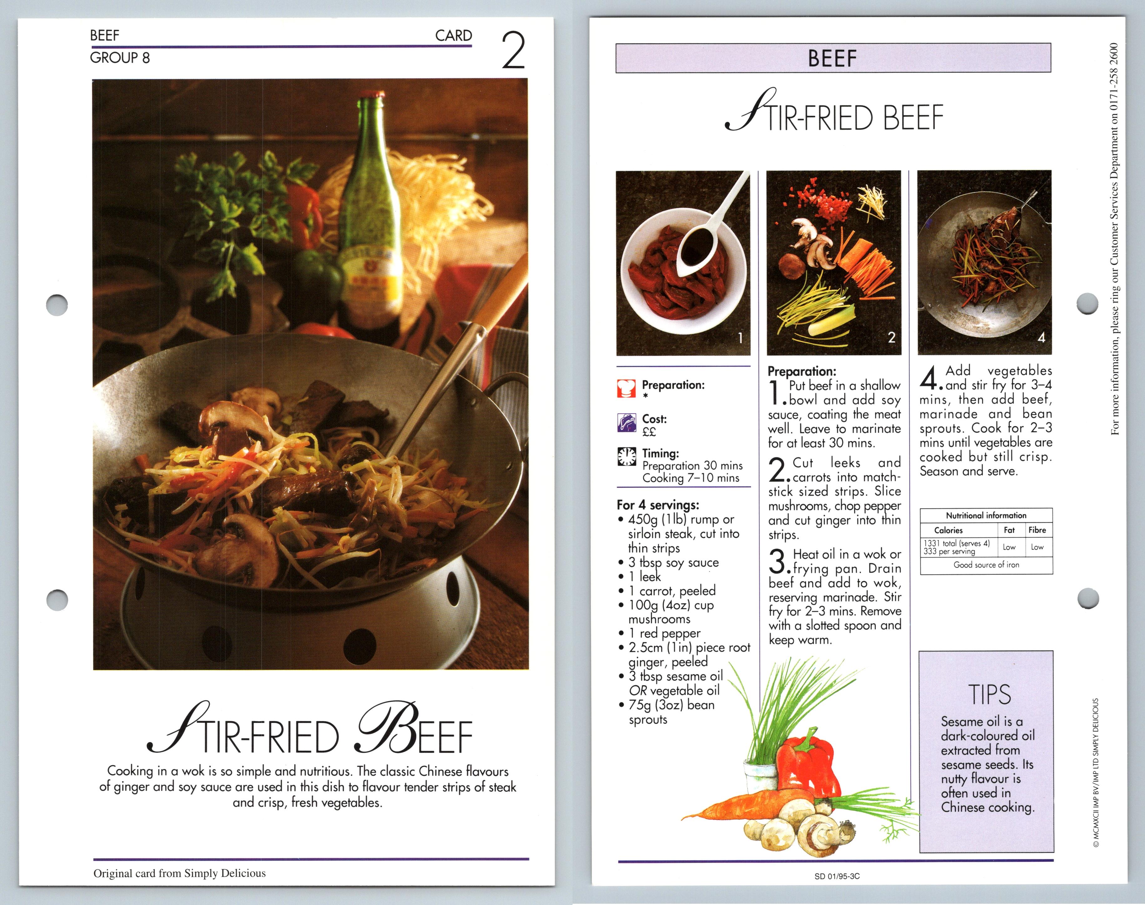 Stir Fried Beef #2 Beef - Simply Delicious 1992 IMP Ltd Recipe Card