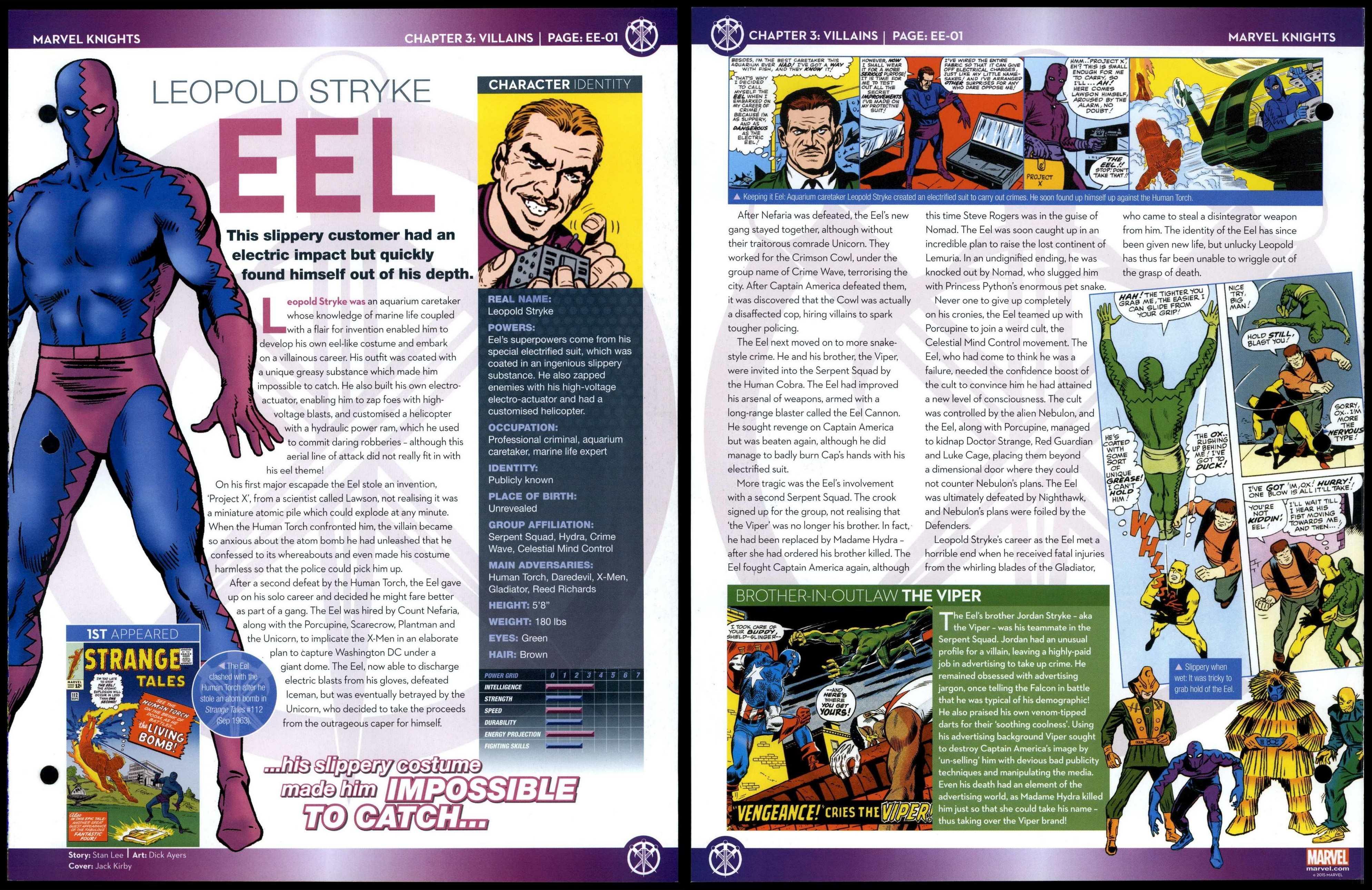 Eel - Leopold Stryke #EE-01 Villains - Marvel Knights Fact File Page